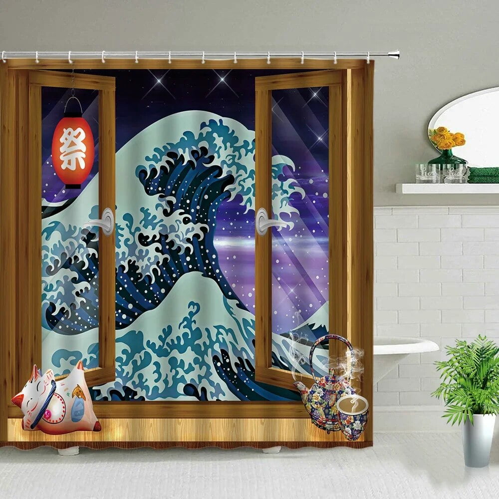 Sea Wave Pattern Cartoons Scenery Shower Curtain Set Modern Bathroom