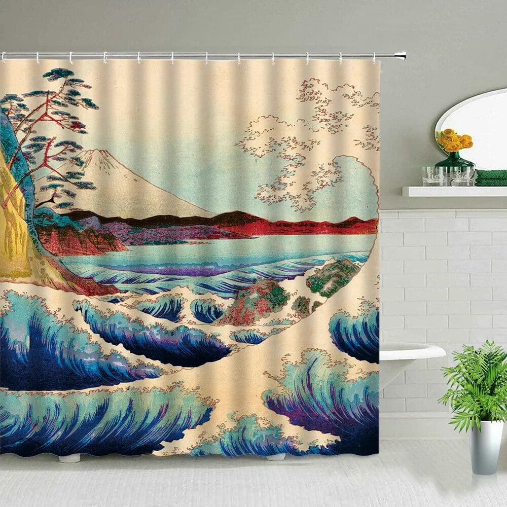 Sea Wave Pattern Cartoons Scenery Shower Curtain Set Modern Bathroom ...
