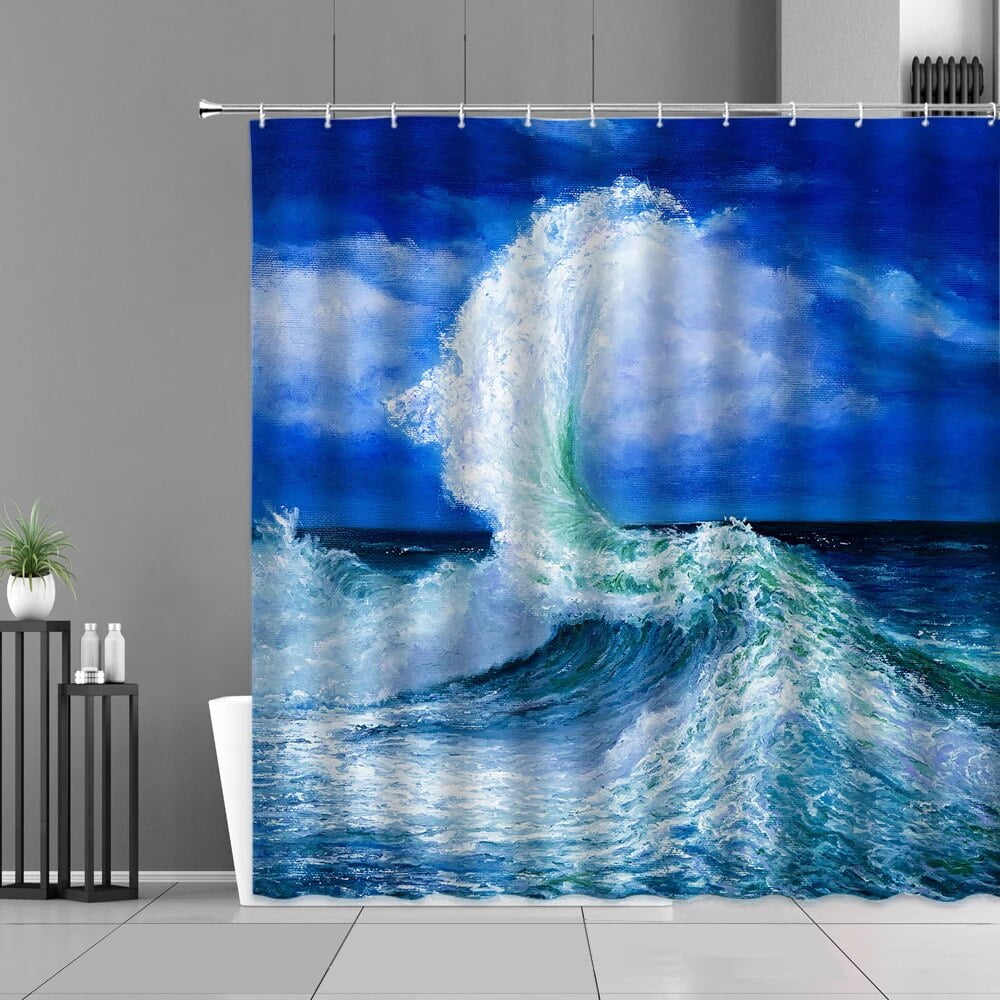Sea Wave Scenery Oil Painting Shower Curtain Ocean Beach Ship Landscape ...