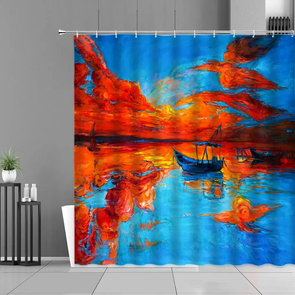 Sea Wave Scenery Oil Painting Shower Curtain Ocean Beach Ship Landscape ...