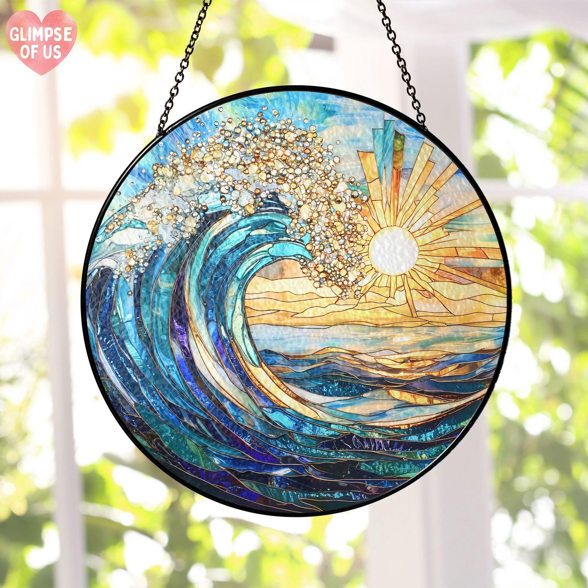 Sea Wave Stained Glass Suncatcher, Ocean Suncatcher Window Hanging ...