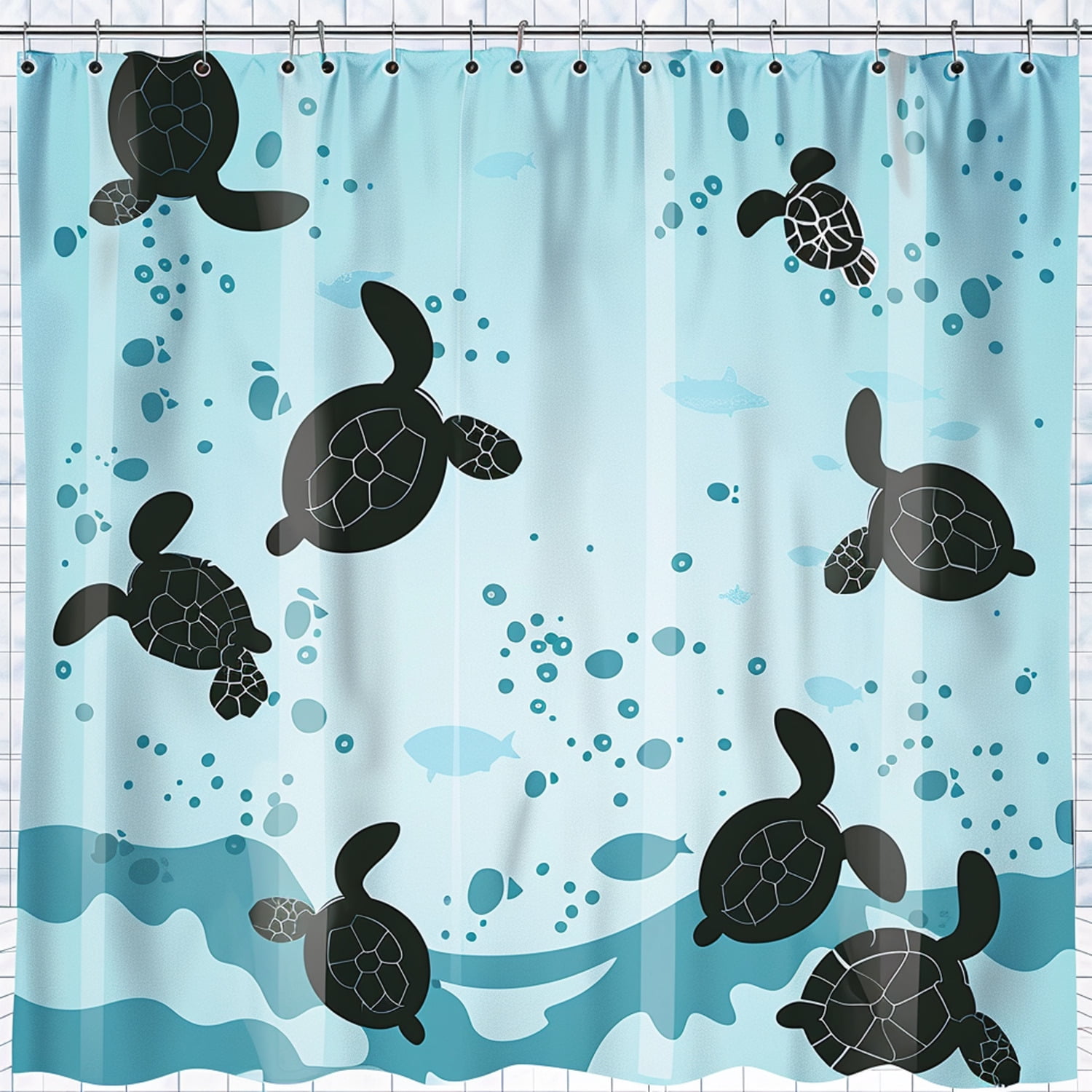 Sea Wave Turtle Silhouette Shower Curtain with Baby Turtles Flying in ...