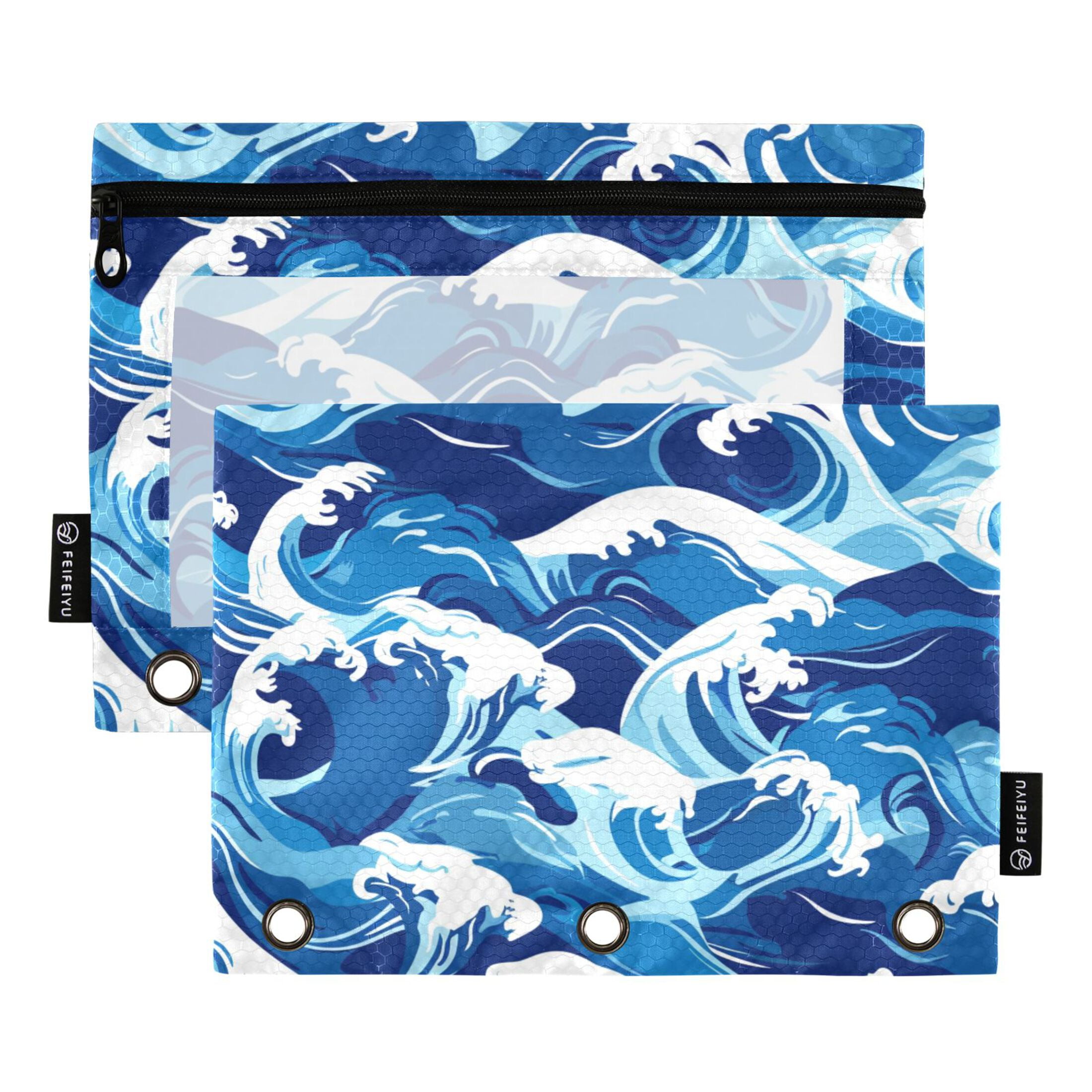 Sea Waves Cartoon Binder Pouches Zipper Pocket Document Storage 3 Rings ...