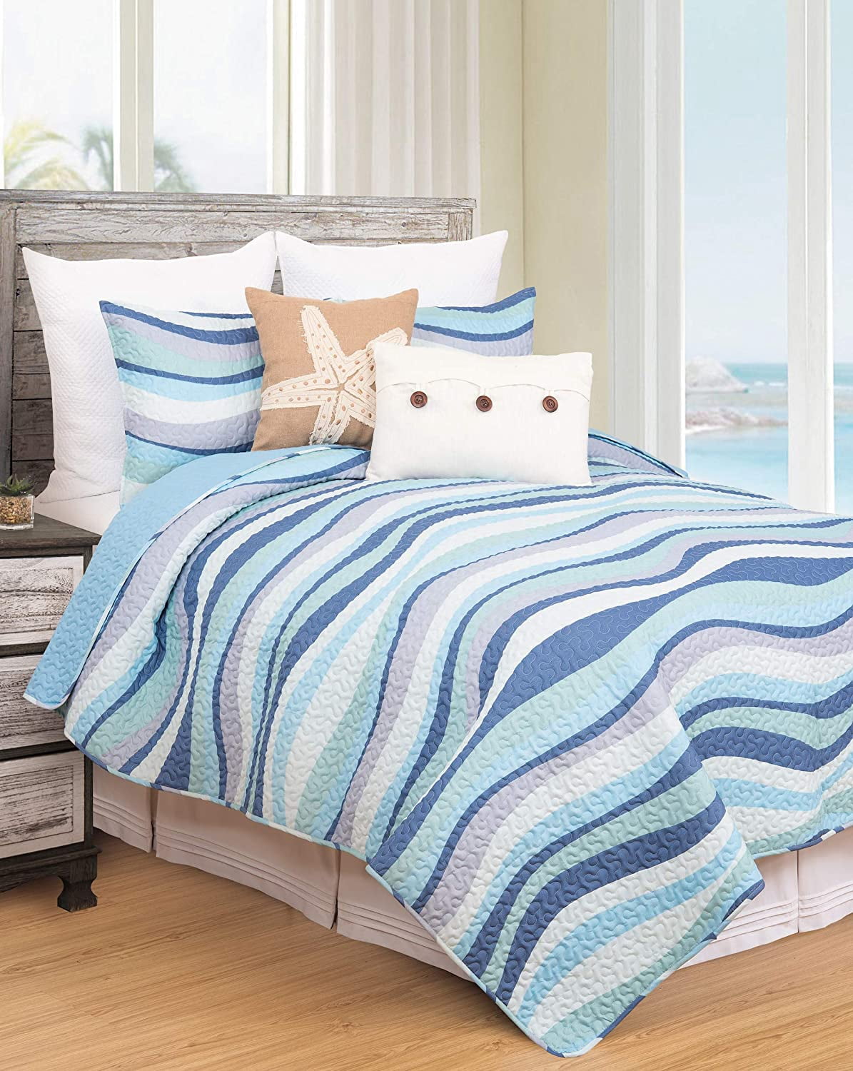 Sea Waves Seawaves Coastal Theme Bed 2 Piece Beach Reversible Coverlet ...