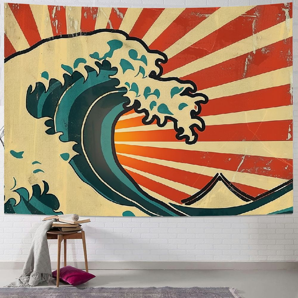Sea Waves Tapestry Blue Surf Vintage Nature Yellow Sun Old Paper Raster ...