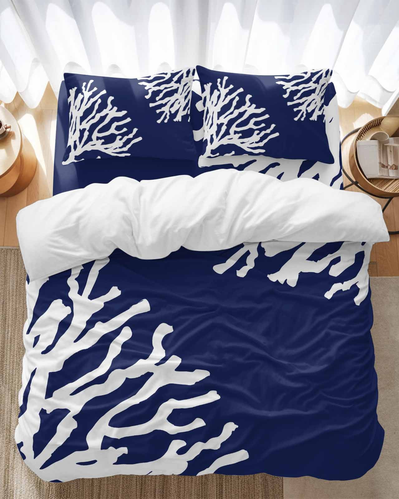 Sea White Coral Blue Bedding Duvet Cover Set King Size 4 Pieces Marine ...