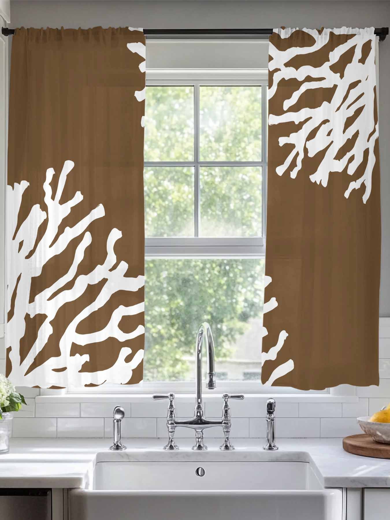 Sea White Coral Sheer Curtains 72 Inches Long 2 Panels Marine Brown ...