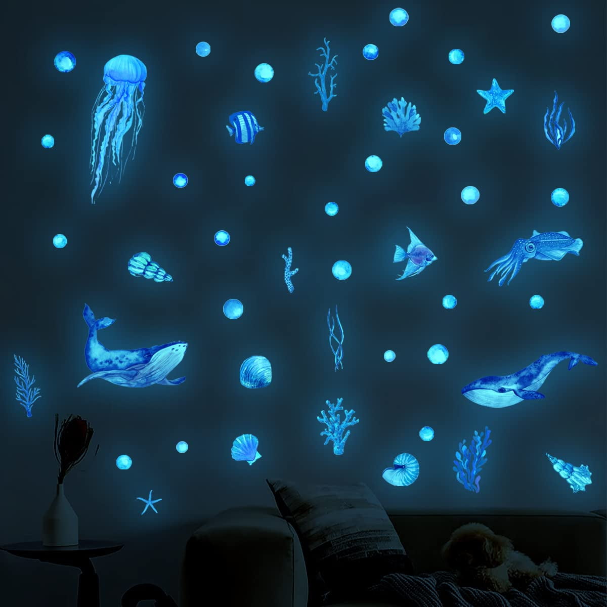 Sea World 3D Wall Stickers,Blue Fish DIY Cute Ocean Wall Decals for ...