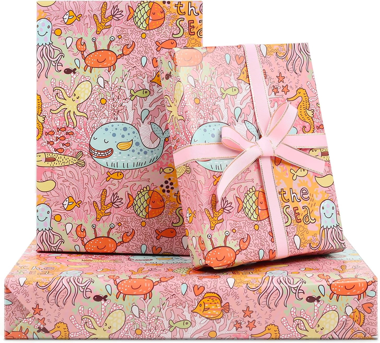 Under the Sea Wrapping Paper for Girls Kids Boys, 6 Sheets Pink Ocean ...