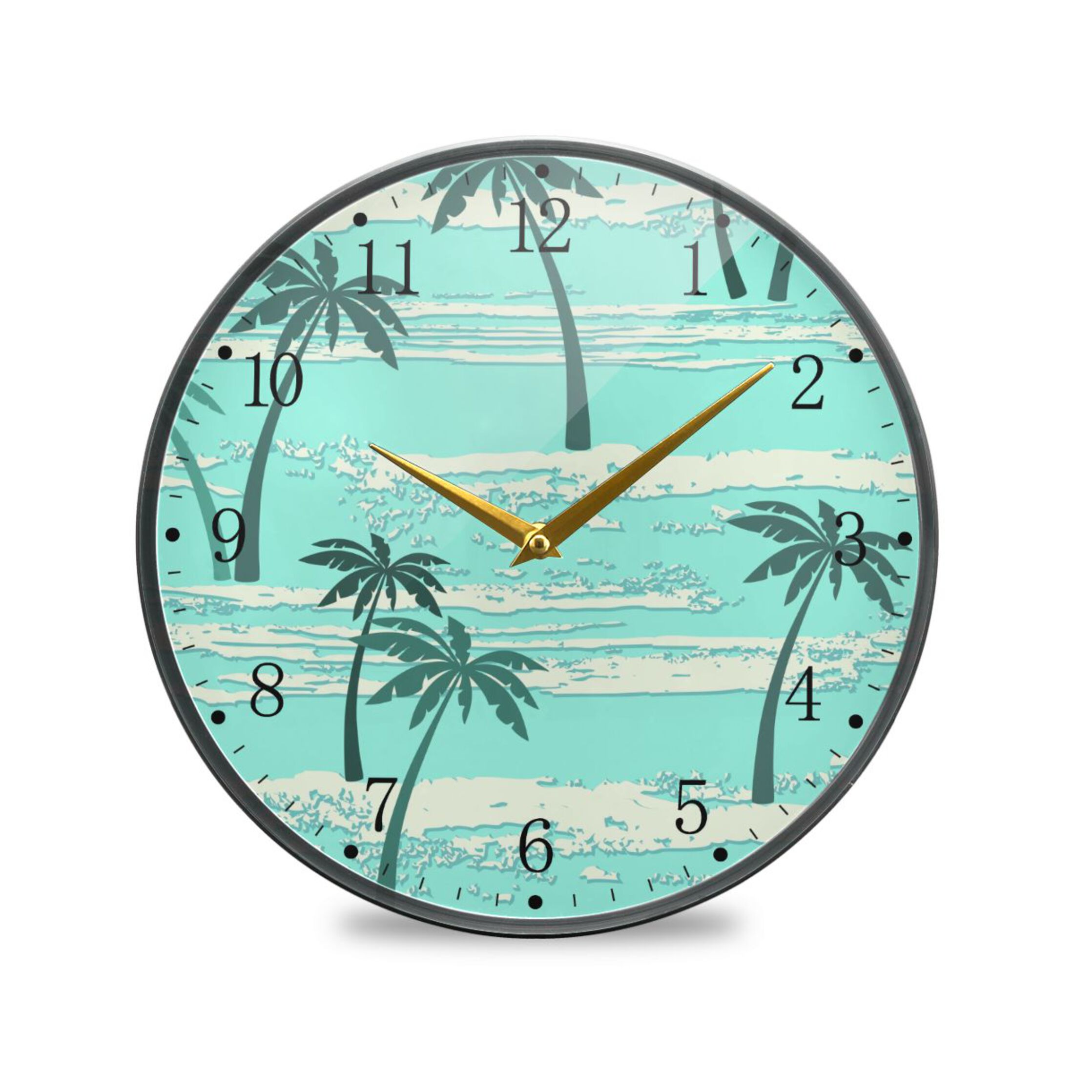 Sea and Palm Trees on Green Acrylic Wall Clocks Quiet Round Clock ...