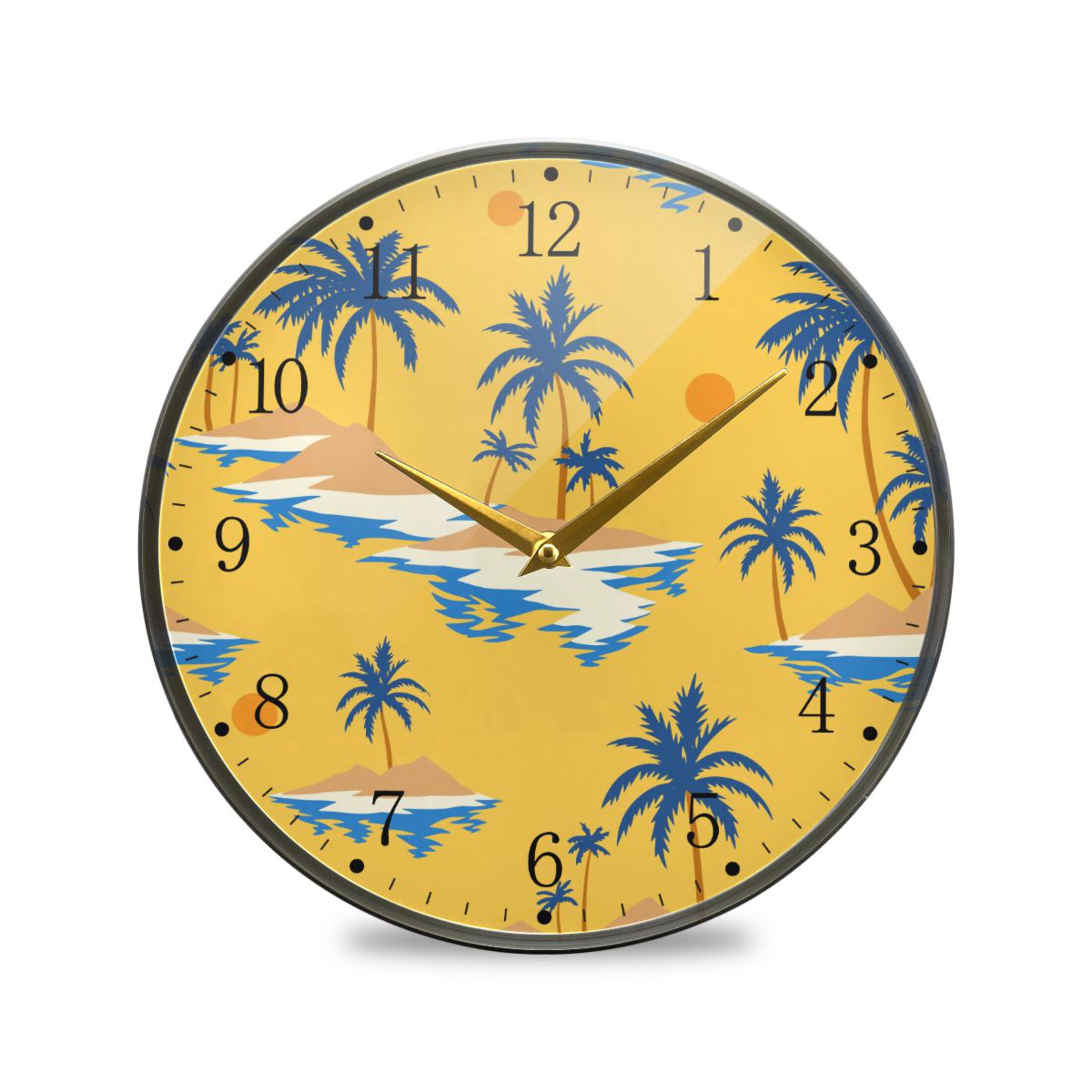 Sea and Palm Trees on Yellow Acrylic Wall Clocks Quiet Round Clock ...