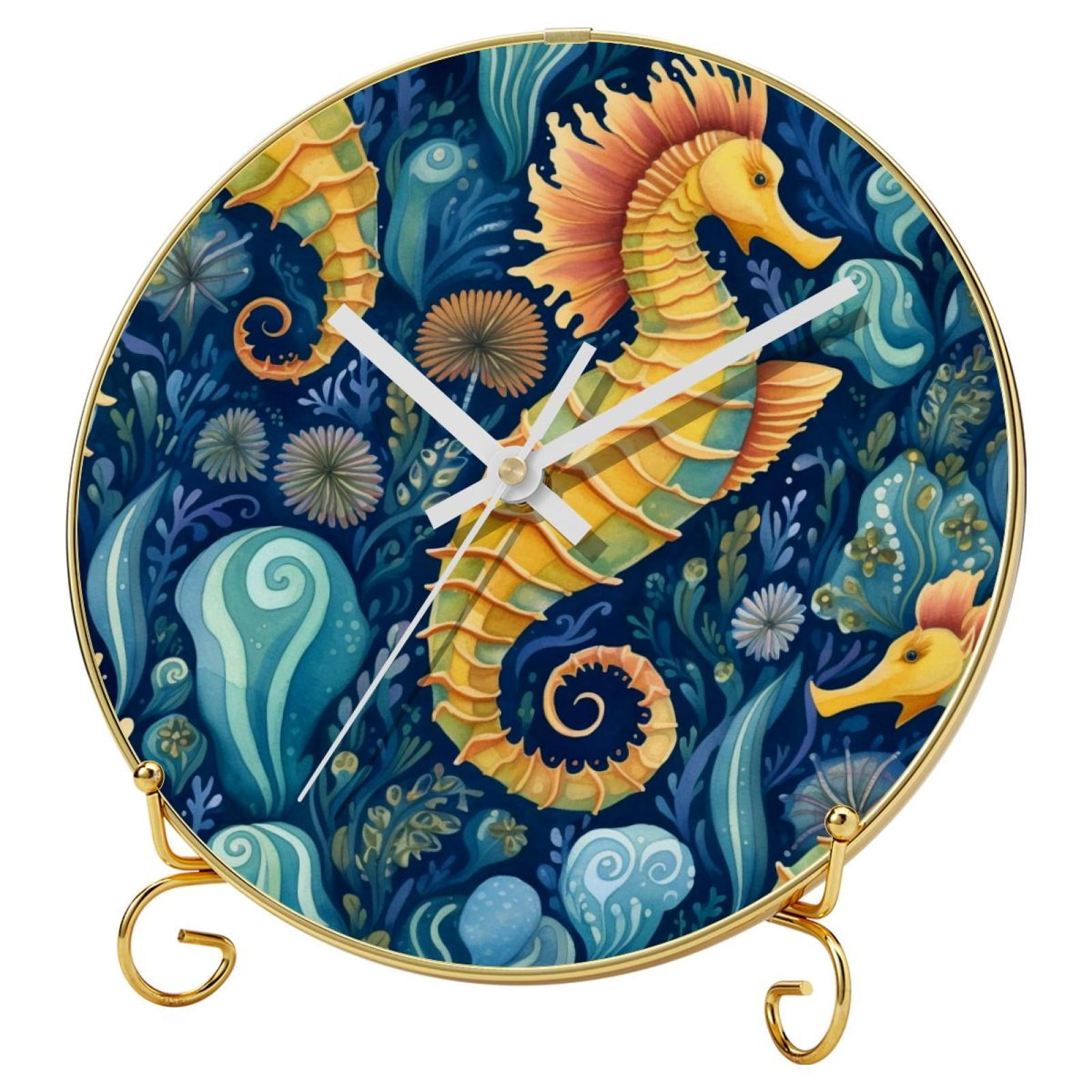 Sea horse Rustic Round Wall Clocks with Printed Design, Hooks and Gold ...