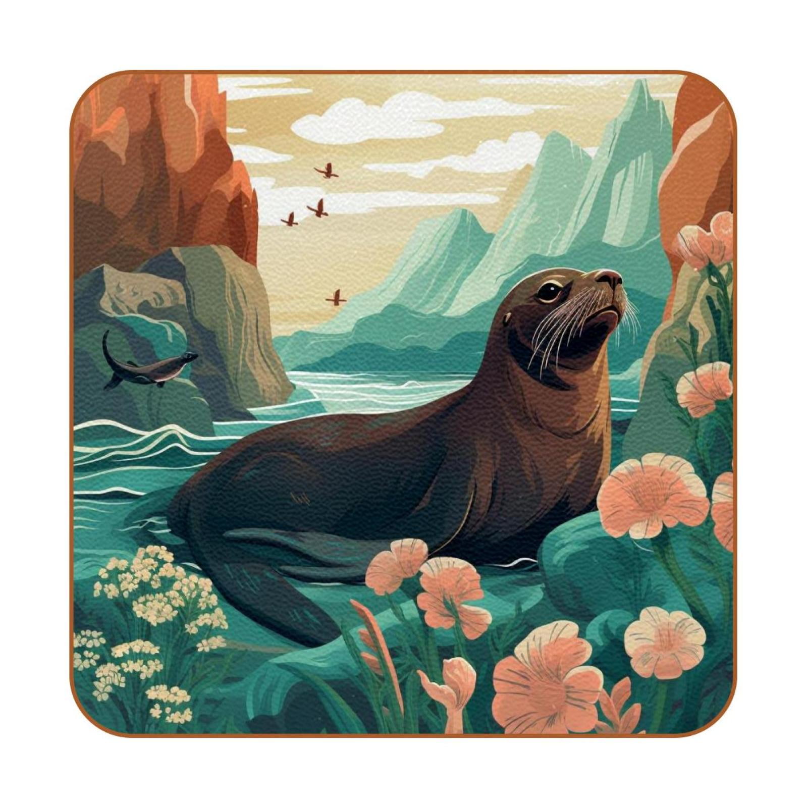 Sea lion Square Coasters (6PCS) Set in Microfiber Leather, 10.3x10.3 cm ...