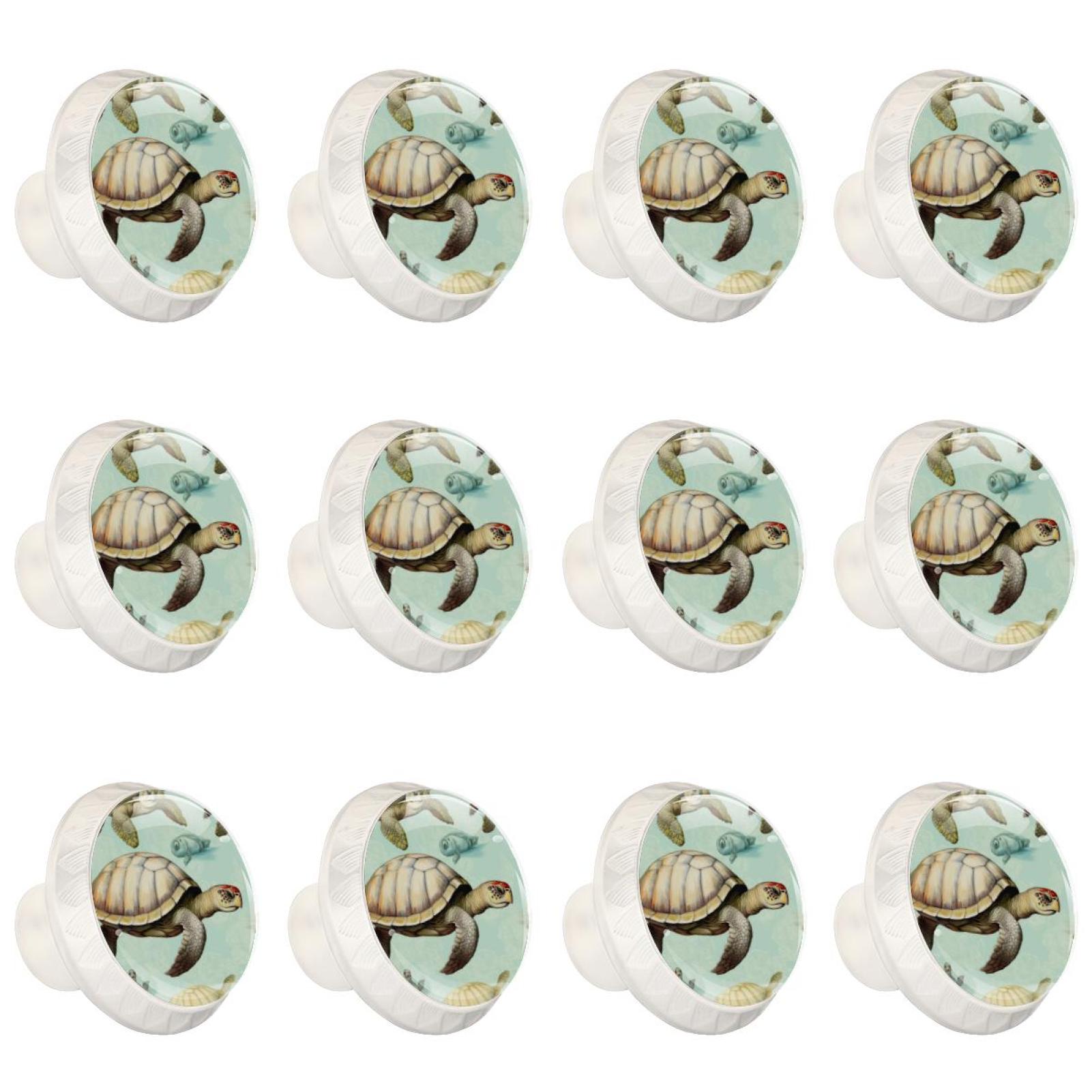Sea turtle 12 Pcs White Round Drawer Pulls with Screws,ABS and Glass Cabinet Handles for Kitchen ...