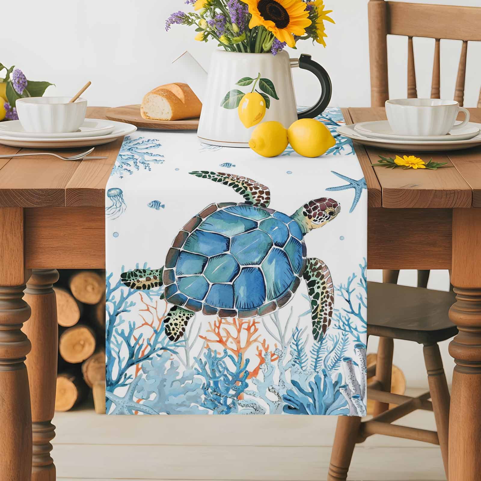 Sea turtle Blue Coral Starfish Table Runners 13x36 Inches Long Linen ...