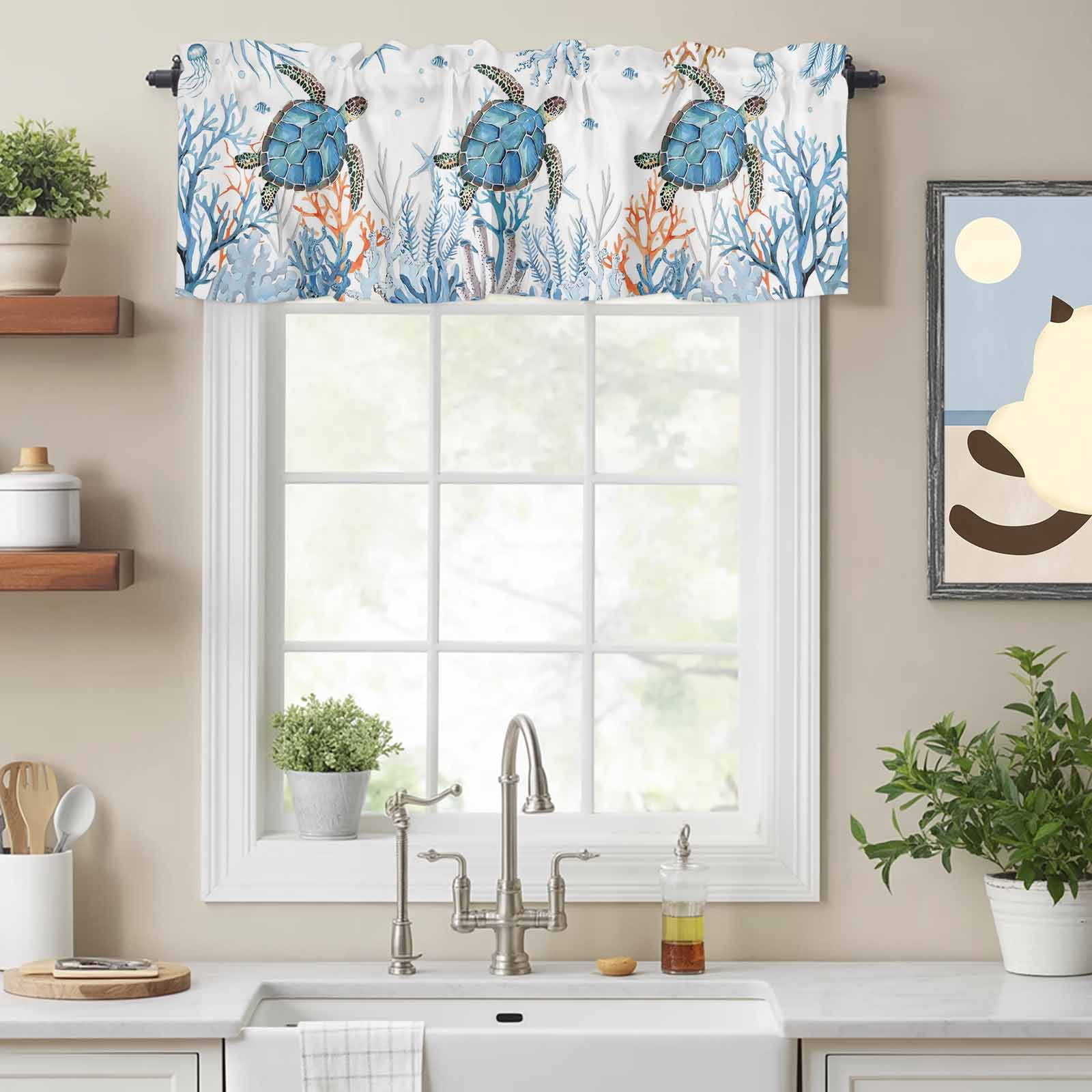 Sea turtle Blue Coral Starfish Valances for Windows,Rod Pocket Valance ...