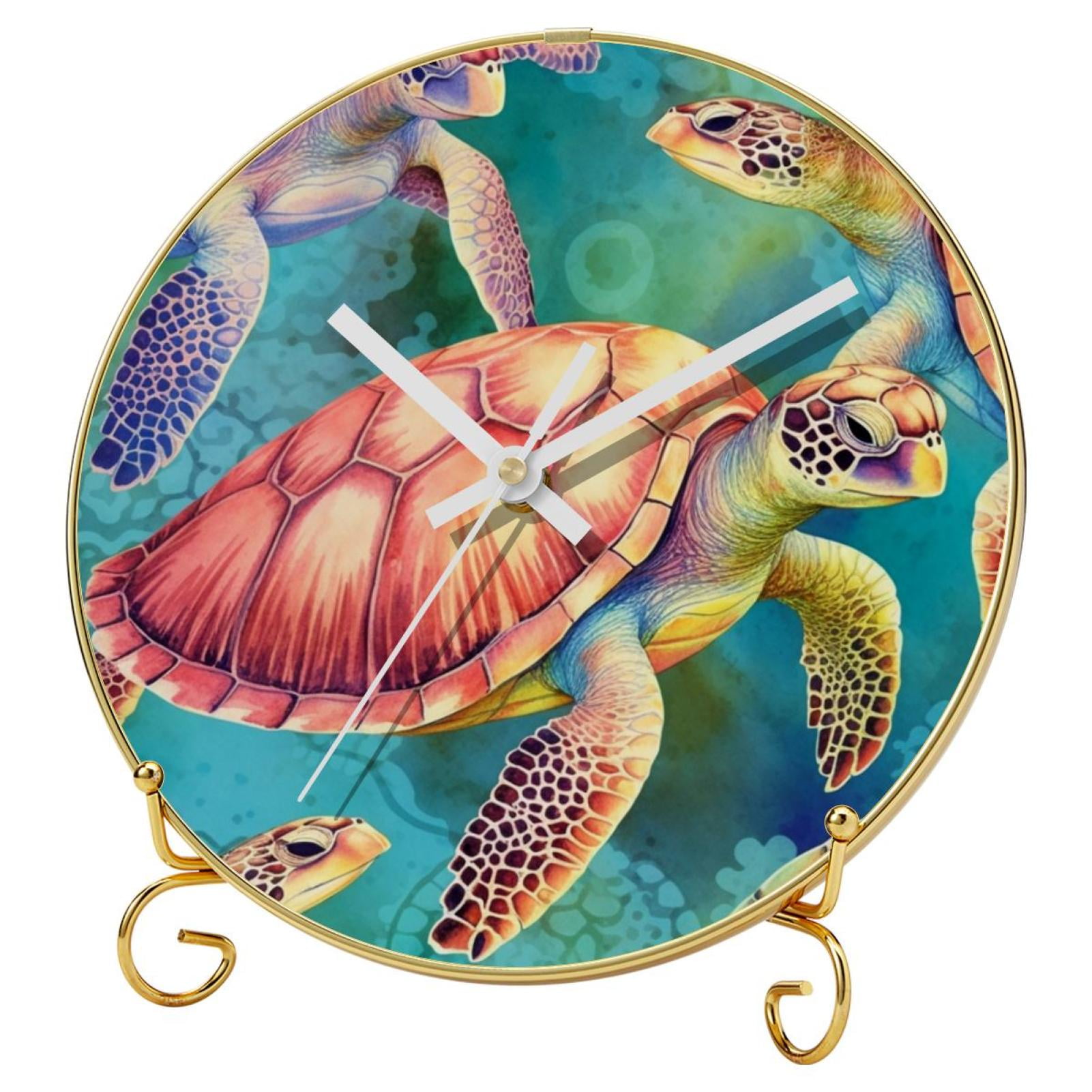 Sea turtle Modern Round Printed Wall Clock with Hooks and Gold Stand ...