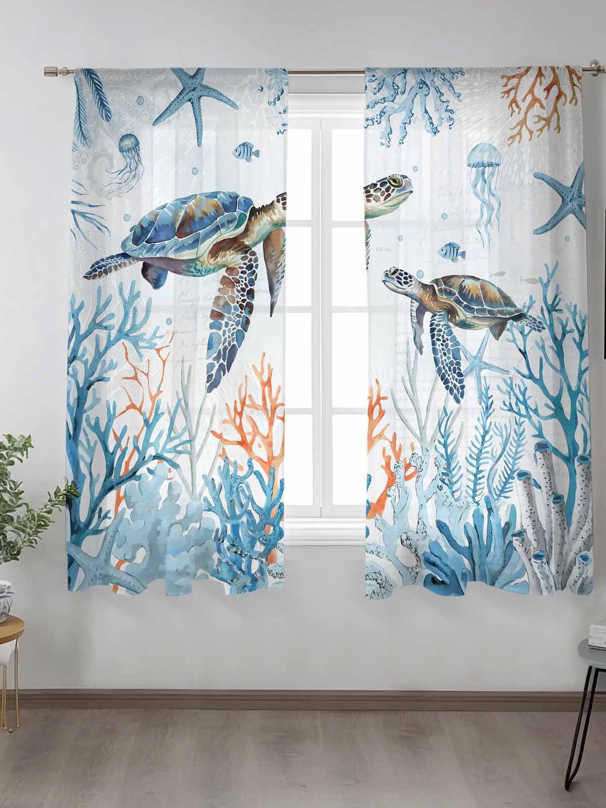 Sea turtle Ocean Blue Coral Chiffon Sheer Curtains 72 Inches Long ...