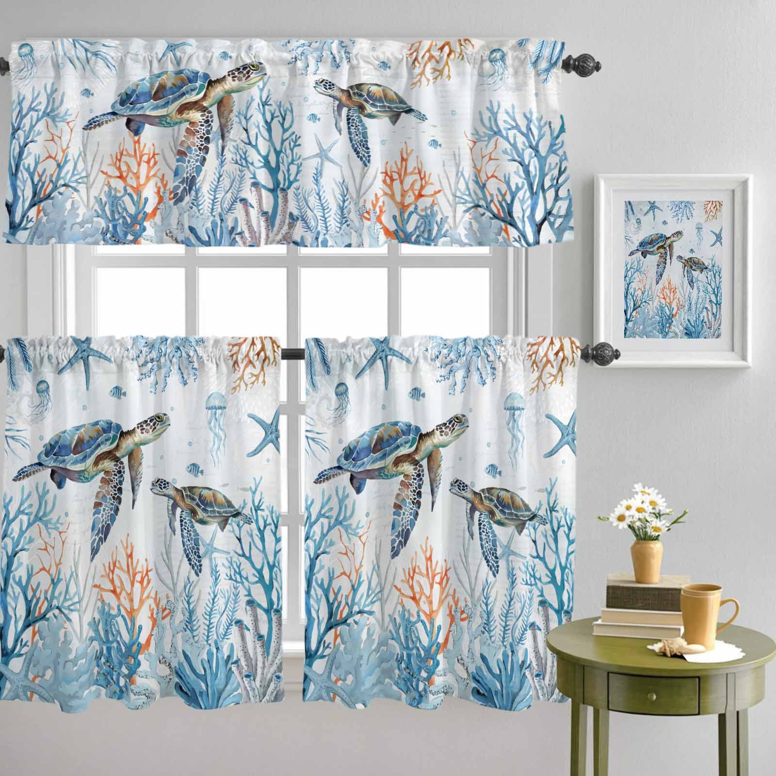 Sea turtle Ocean Blue Coral Curtain Tier and Valance Set 3 Piece ...