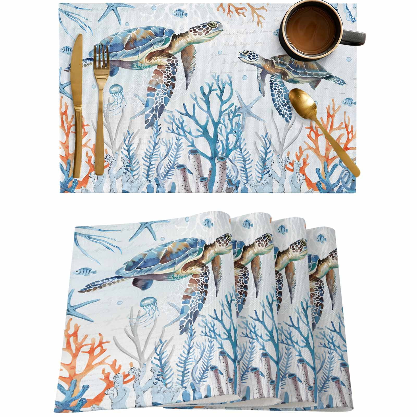 Sea turtle Ocean Blue Coral Placemats Set of 4,Wipeable Washable Table ...