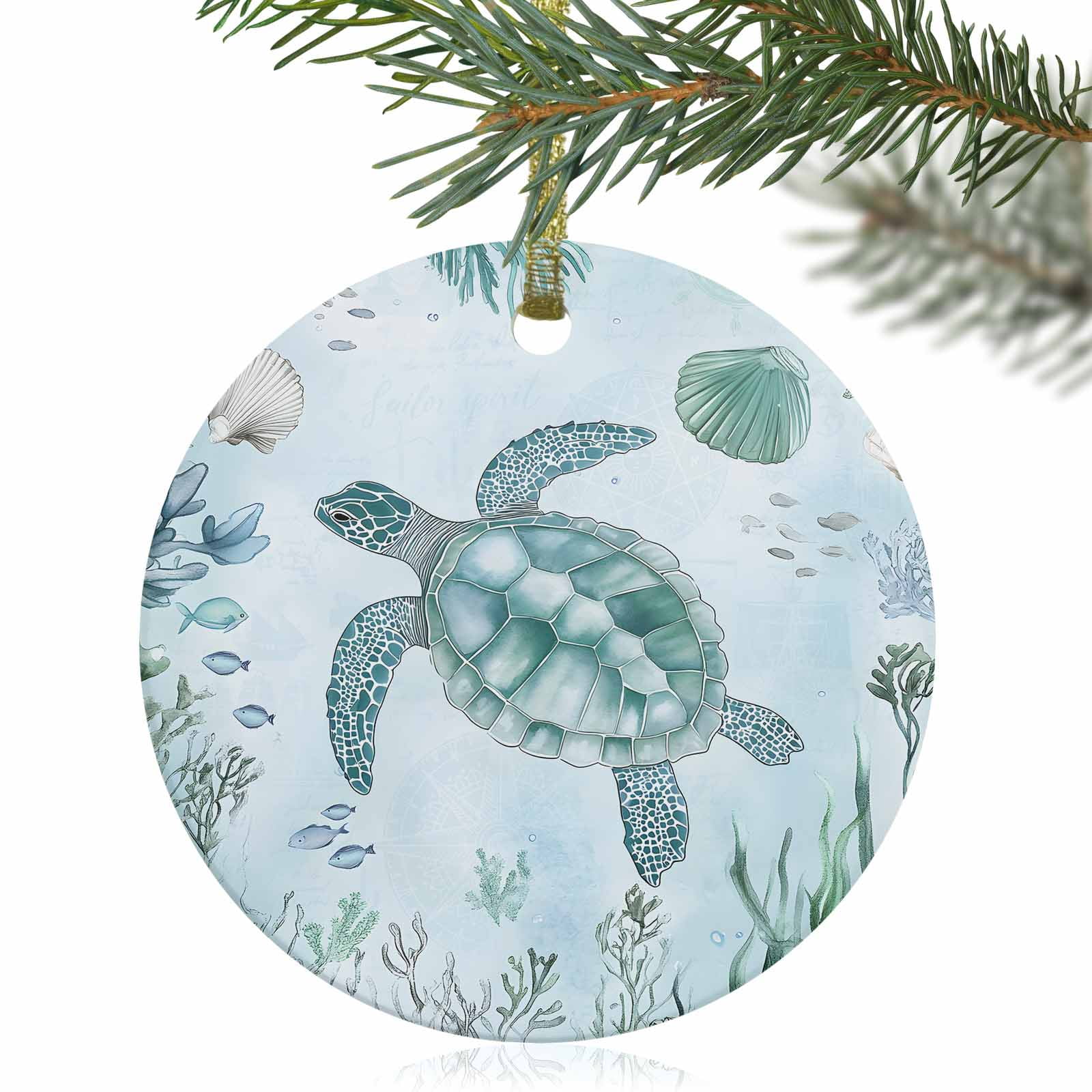 Sea turtle Ocean Shell Coral Christmas Ceramic Ornament 2025,3" Round ...