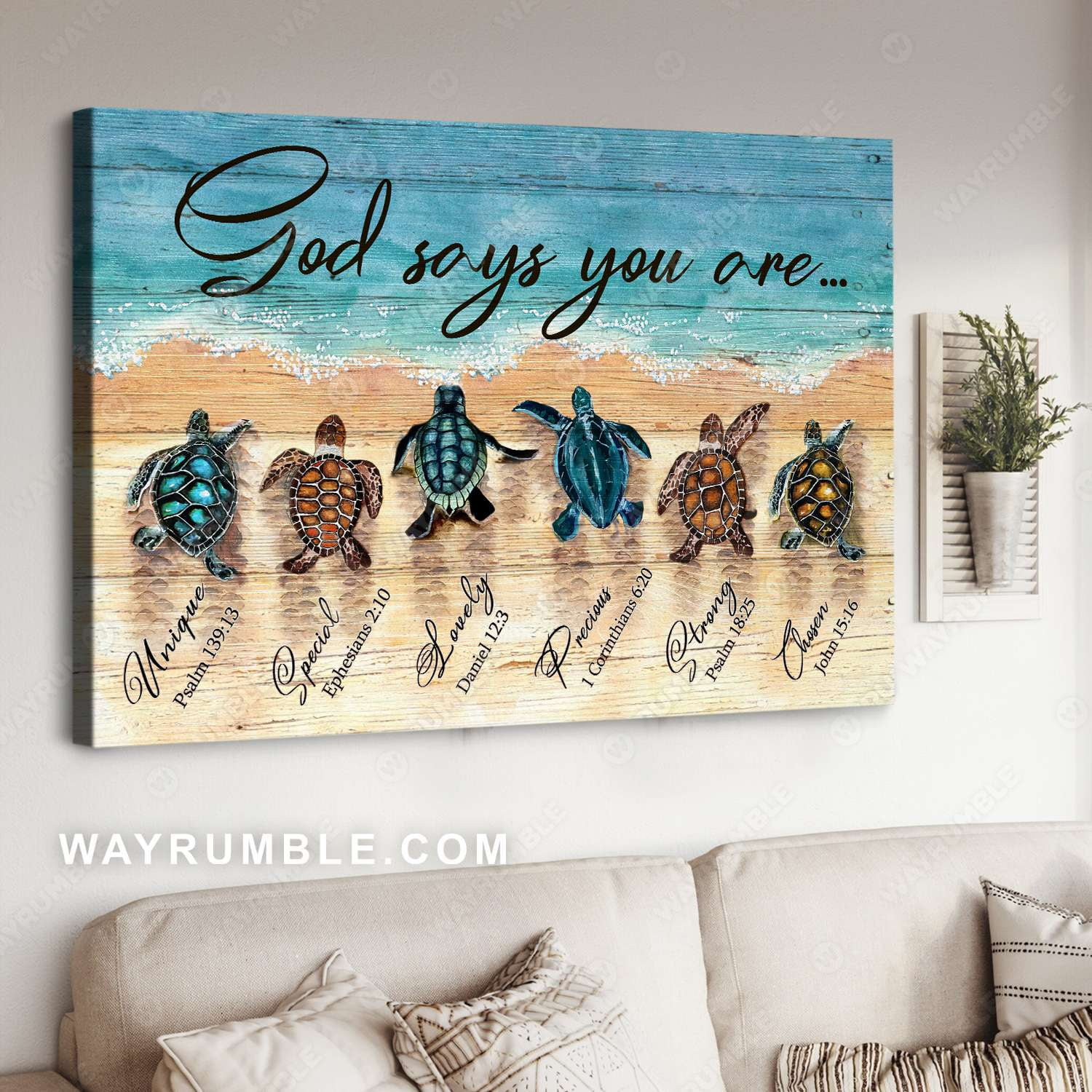 Sea turtle, Sand beach painting, God says you are beautiful and unique ...