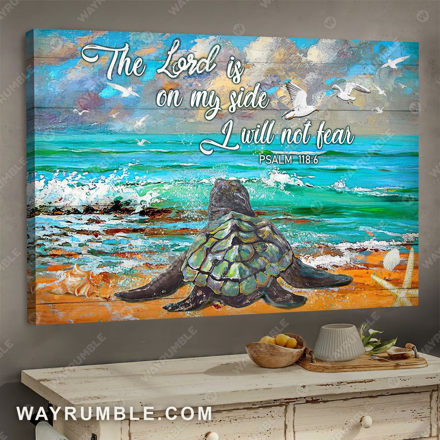 Sea turtle, Sand beach painting, The Lord is on my side I will not fear ...