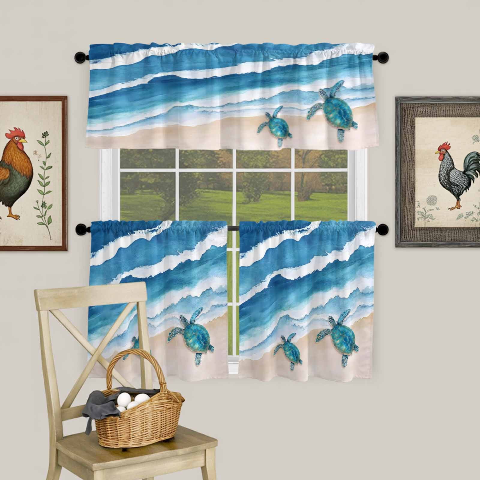 Sea turtle Summer Beach Wave Curtain Tier and Valance Set 3 Piece, Blue ...