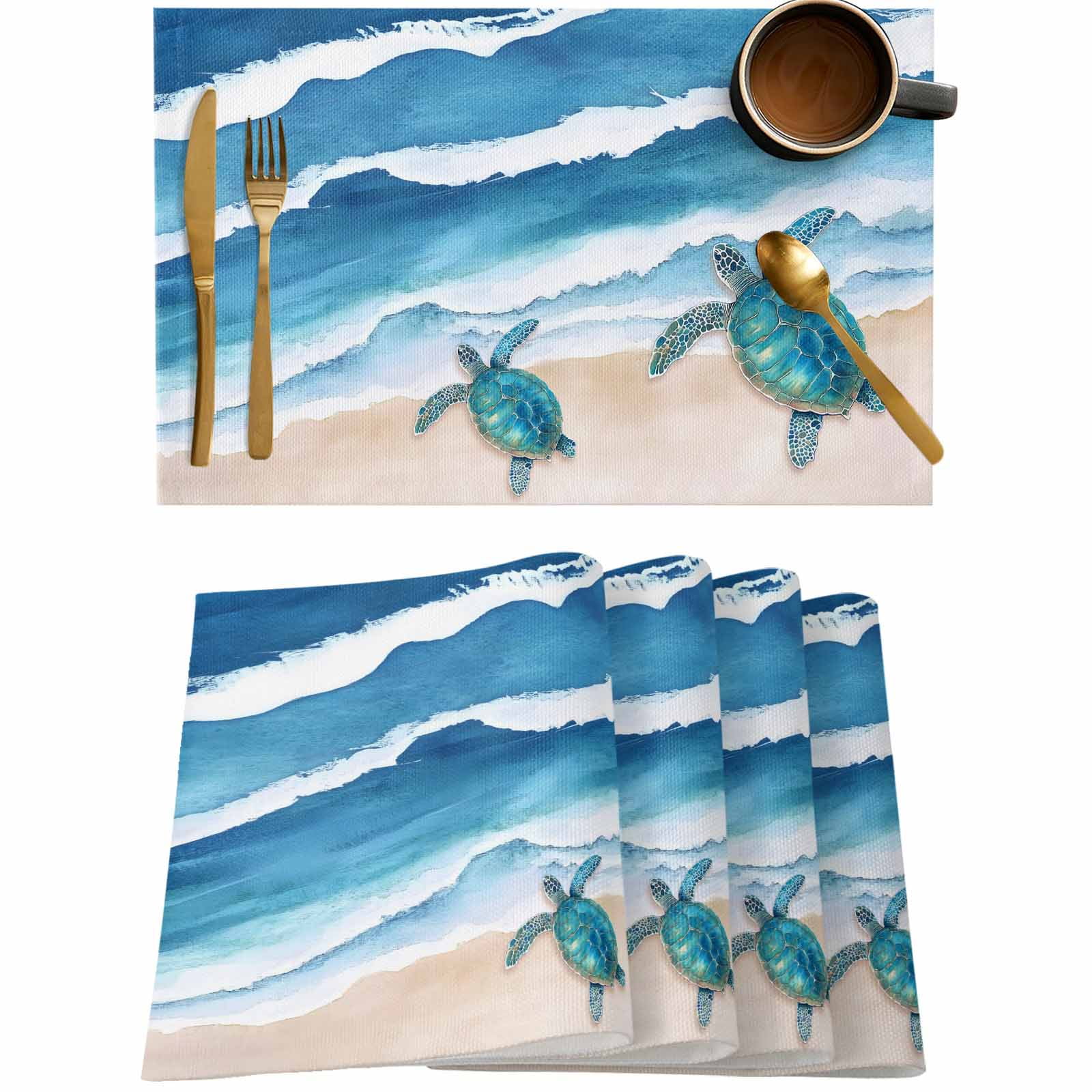 Sea turtle Summer Beach Wave Placemats Set of 4,Wipeable Washable Table Mats for Dining Tables ...
