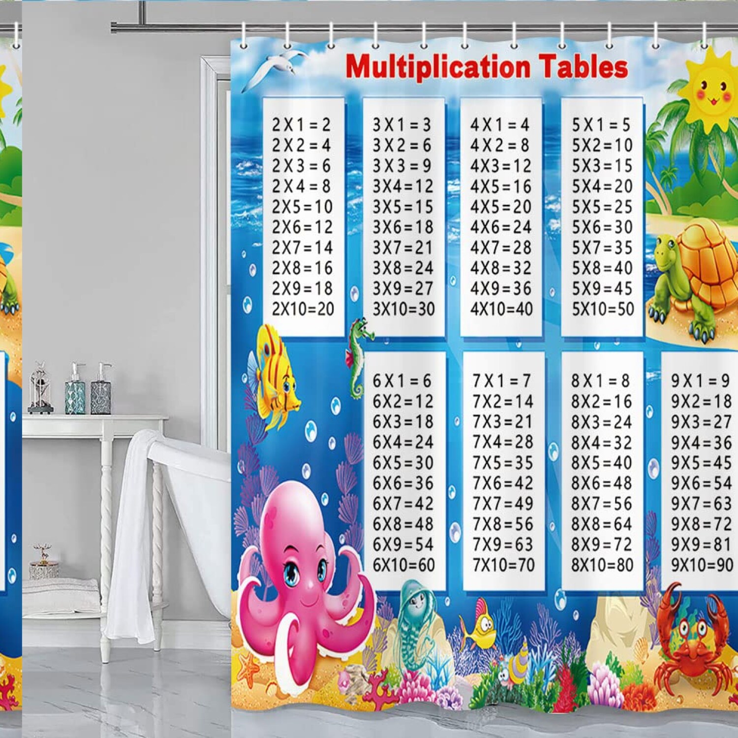 SeaMath Splash: Educational Multiplication Table Shower Curtain for ...