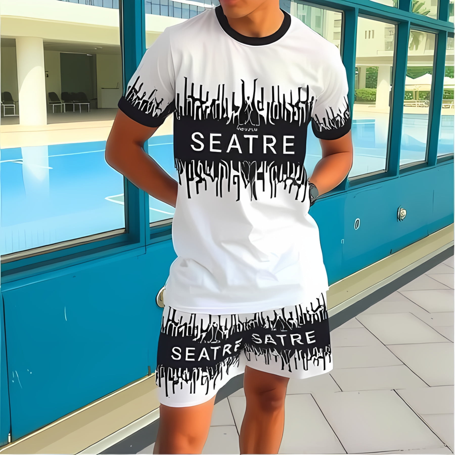 SeaTre Men's Graphic Print T-Shirt and Shorts Set - Bold Abstract Black ...