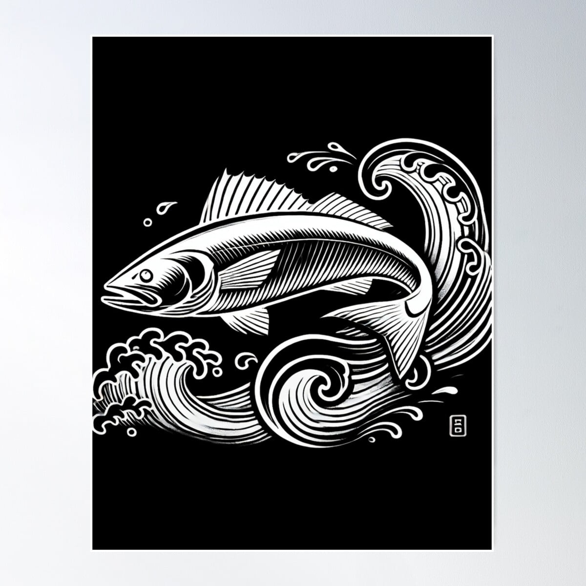 Seabass & Waves Â€“ Japanese Ocean Linework Design Poster Wall Art ...