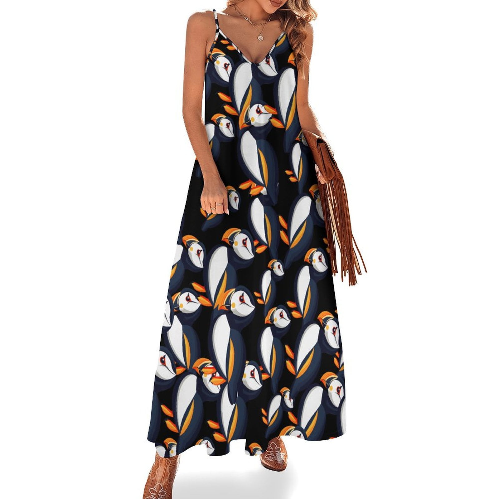 Seabird Puffin Women's Maxi Dress Spaghetti Strap V Neck Bohemian Long ...