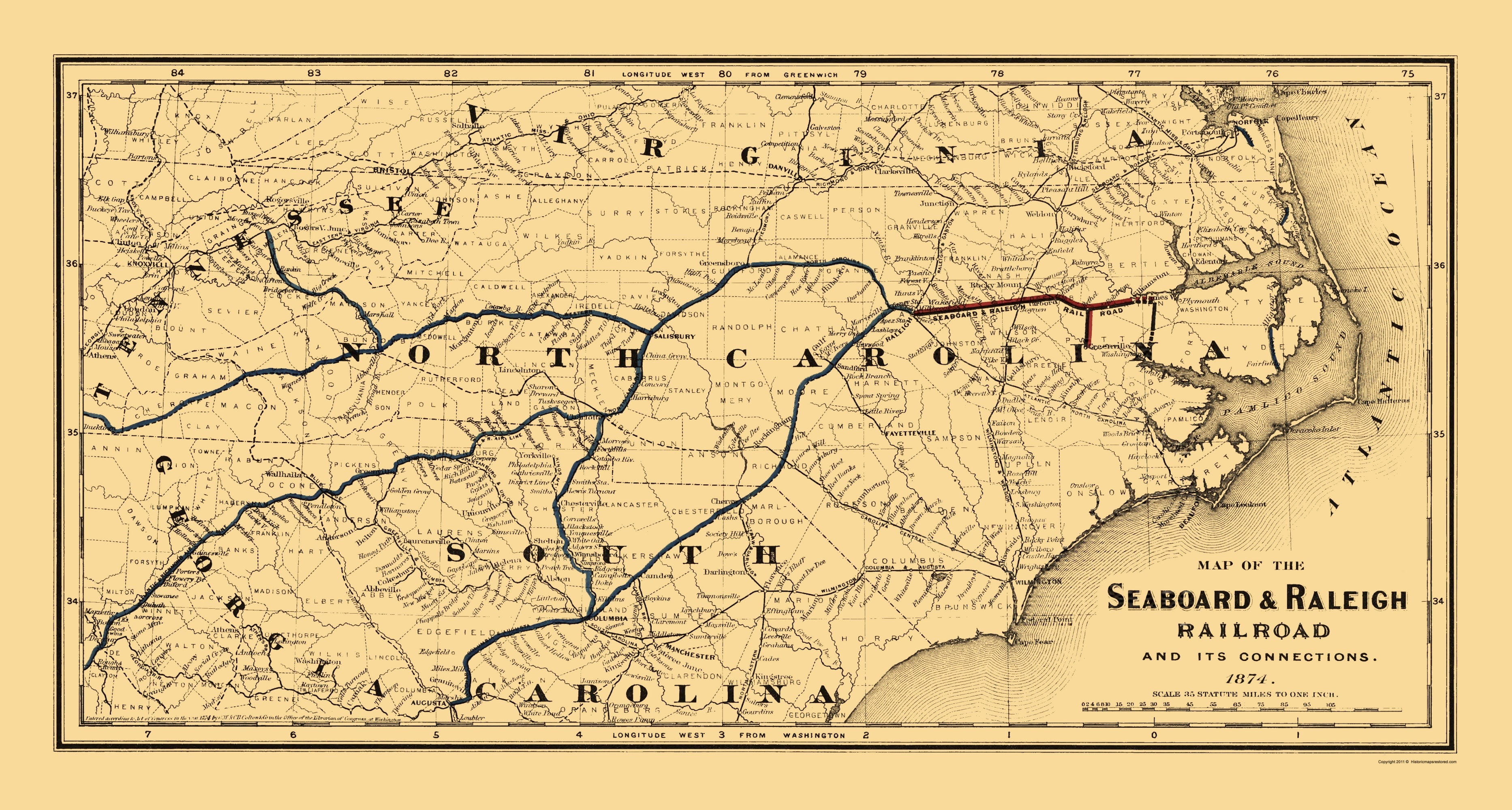 Railroad Map - Seaboard and Raleigh Railroad - Colton 1874 - 23 x 42.91 ...