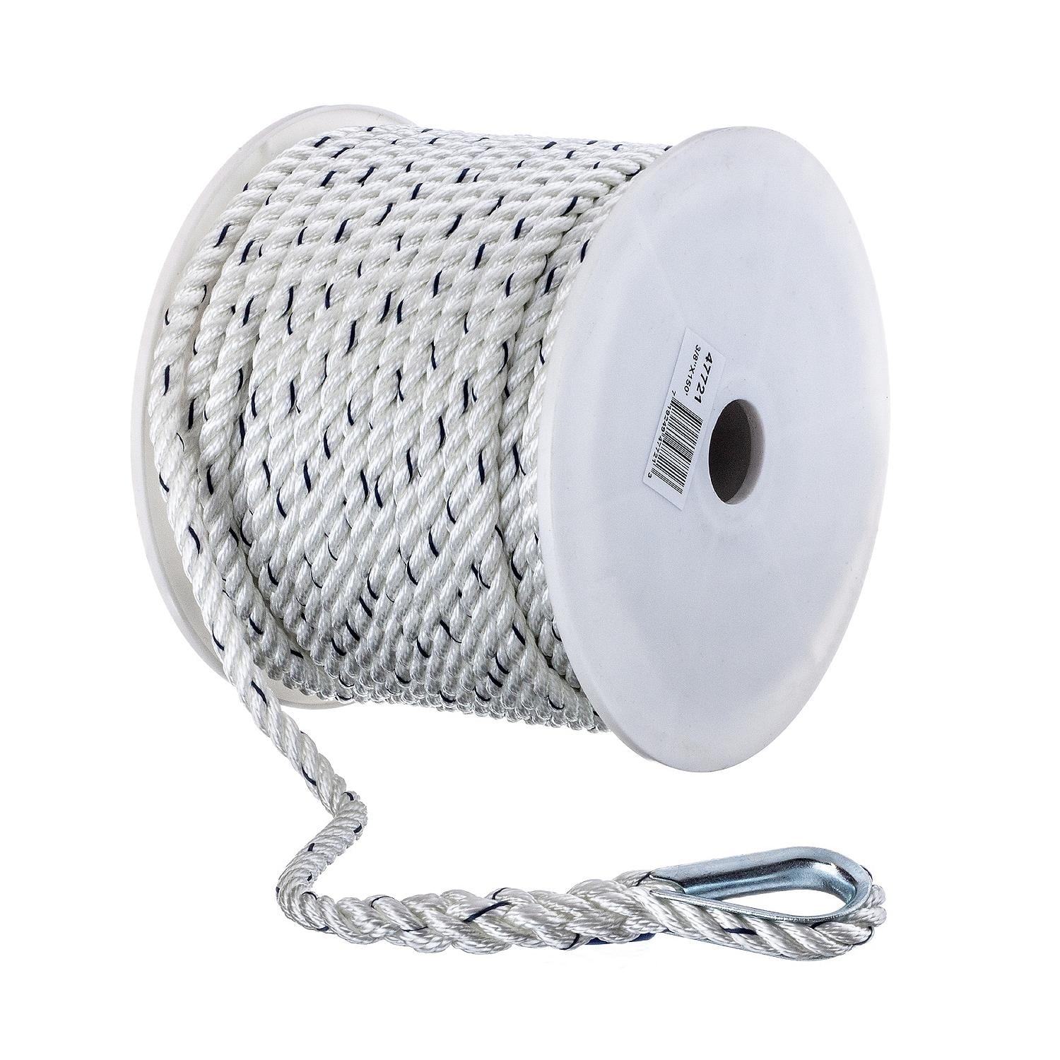 Seachoice Boat Anchor Line Rope, 3-Strand Twisted, Nylon, White/Blue, 3 ...