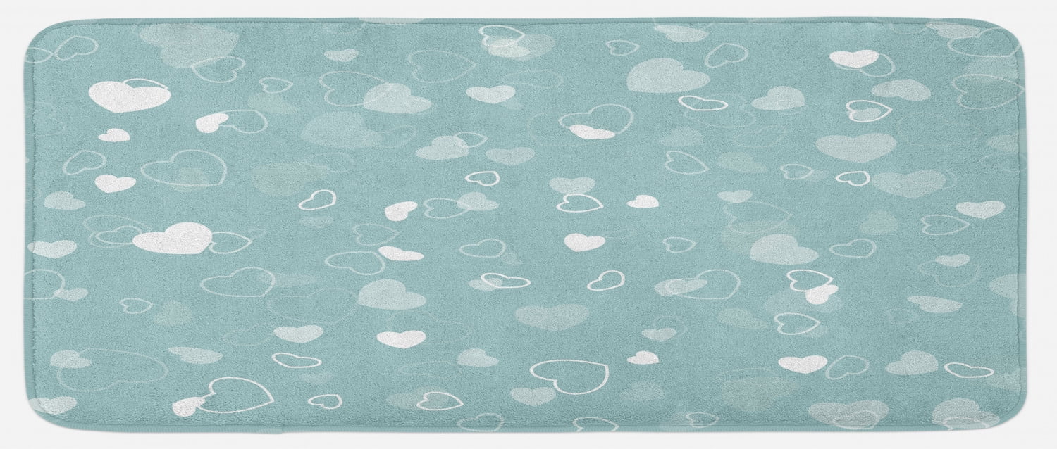 Seafoam Kitchen Mat, Romance Theme Illustration Heart Motifs on Abstract Backdrop Valentine's ...