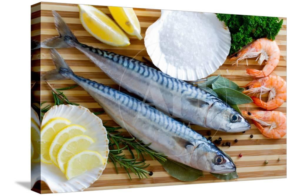 Seafood, Fish Fresh Mackerel and Shrimps in Cuisine, Animals Stretched ...