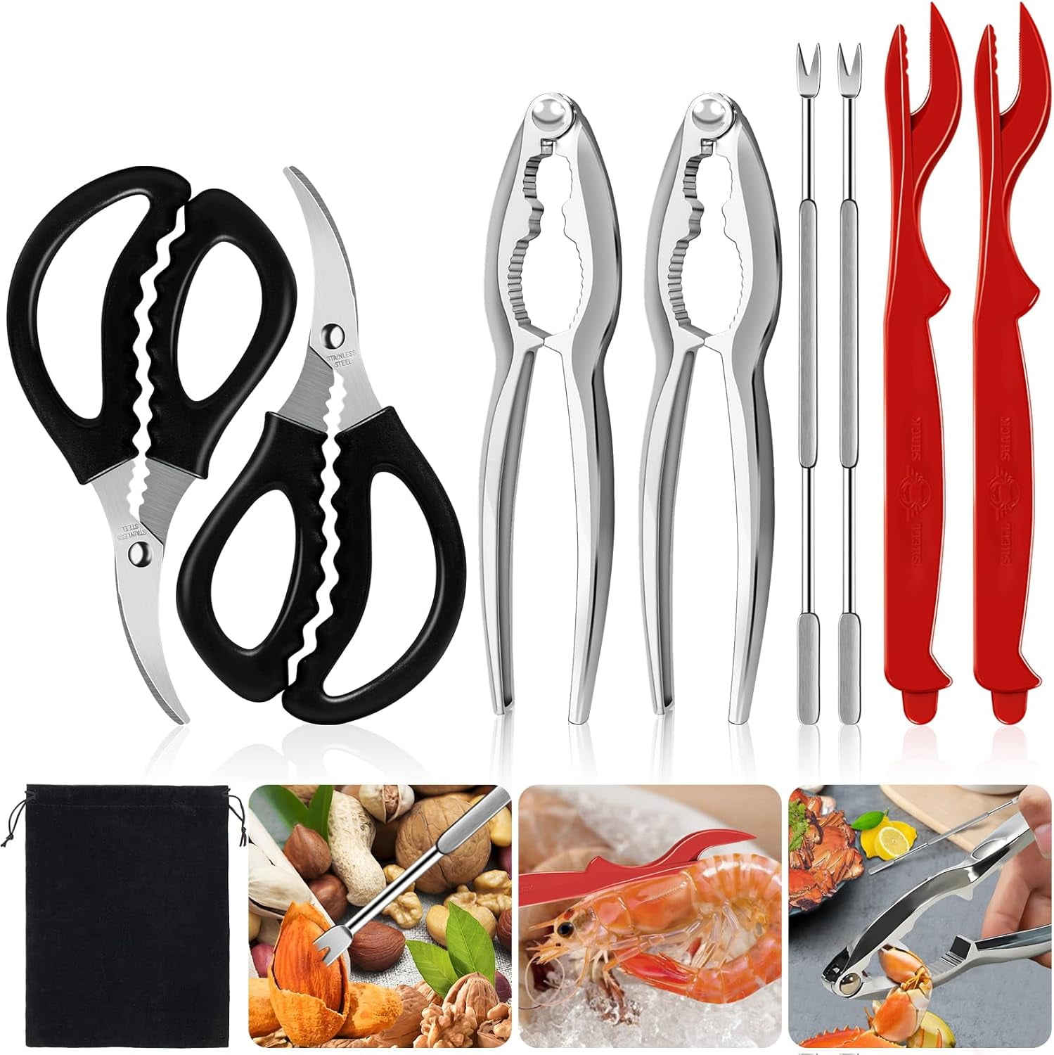 Seafood Tools Set Nut Cracker Tool Set Includes Crab Lobster Crackers, Stainless Steel Crab Leg ...