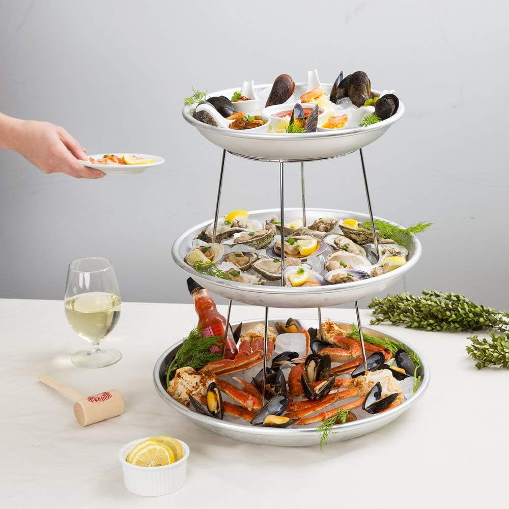 Seafood Tower Set, 3-Tier Aluminum Trays & Stand - Elegant Presentation ...