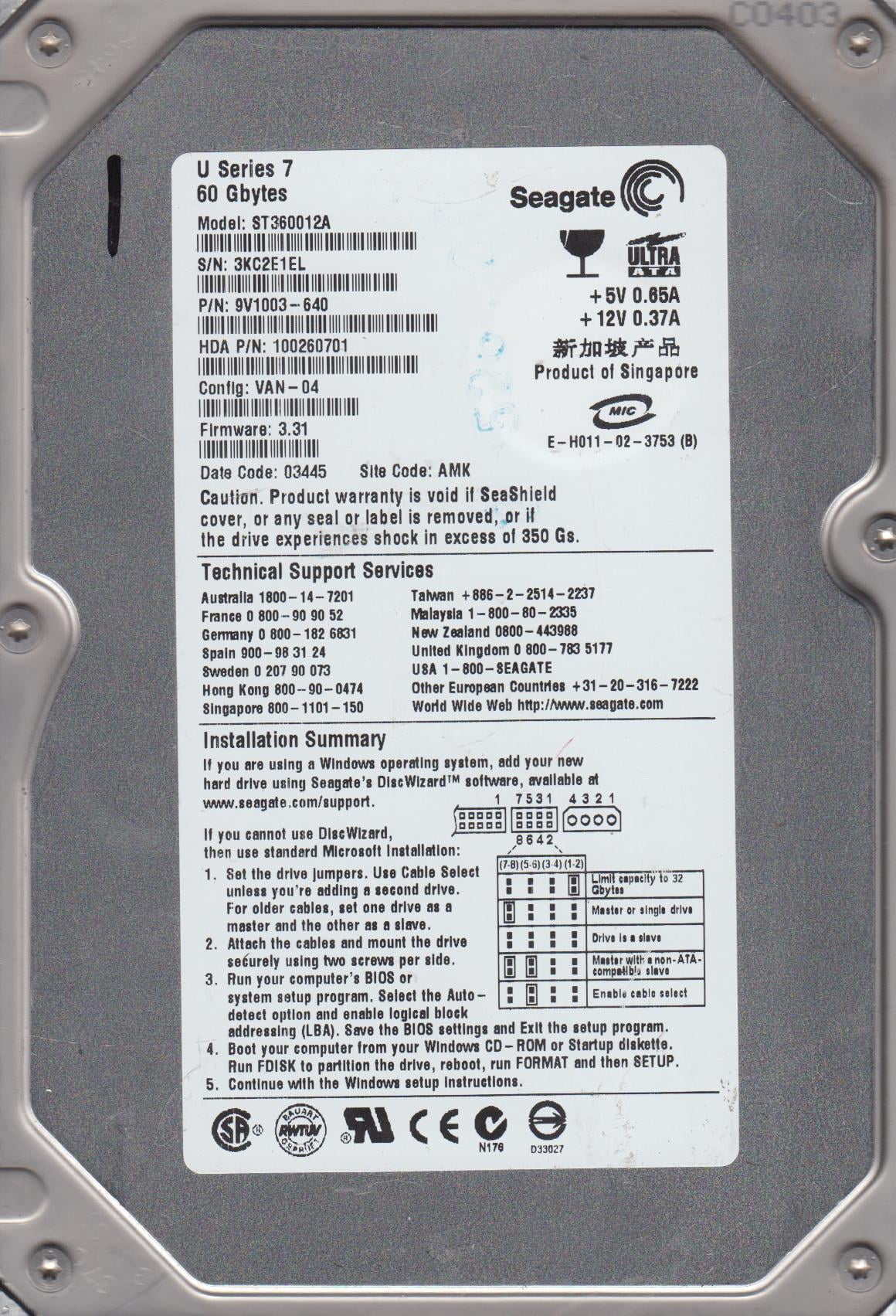 Seagate U7 ST360012A 60 GB Hard Drive, 3.5" Internal, IDE (IDE Ultra ...