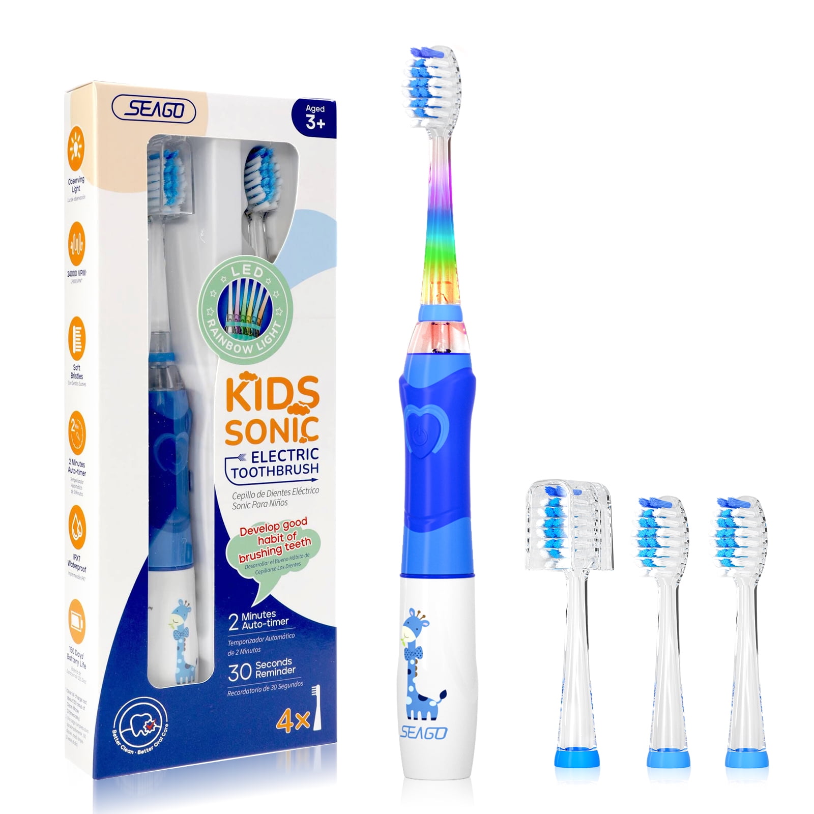 Seago Kids Battery Electric Toothbrush for 3+ Years Old,4 Bursh Heads ...
