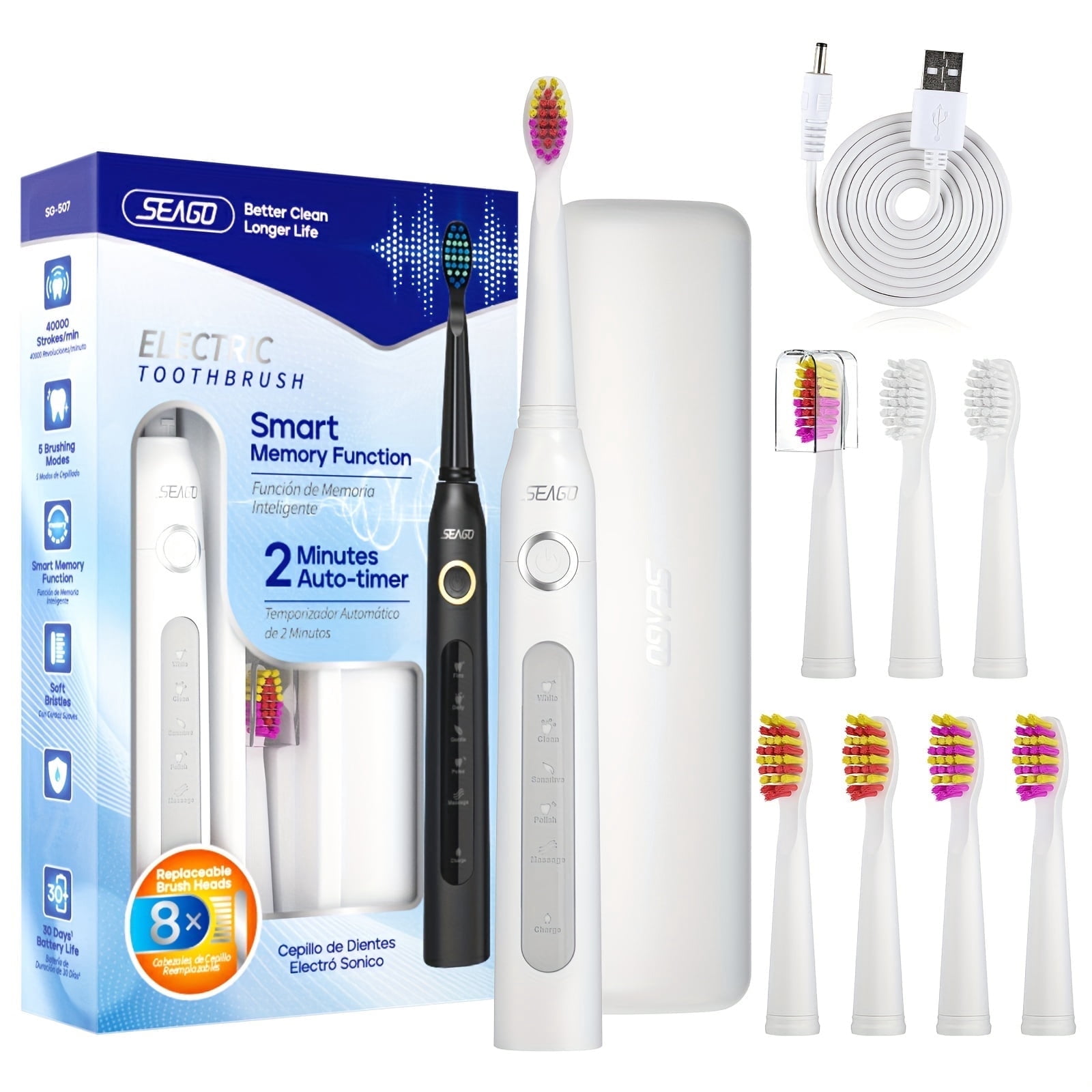 Seago Sonic Electric Toothbrush SG-507, Adult, 1USB charging cable,8 ...