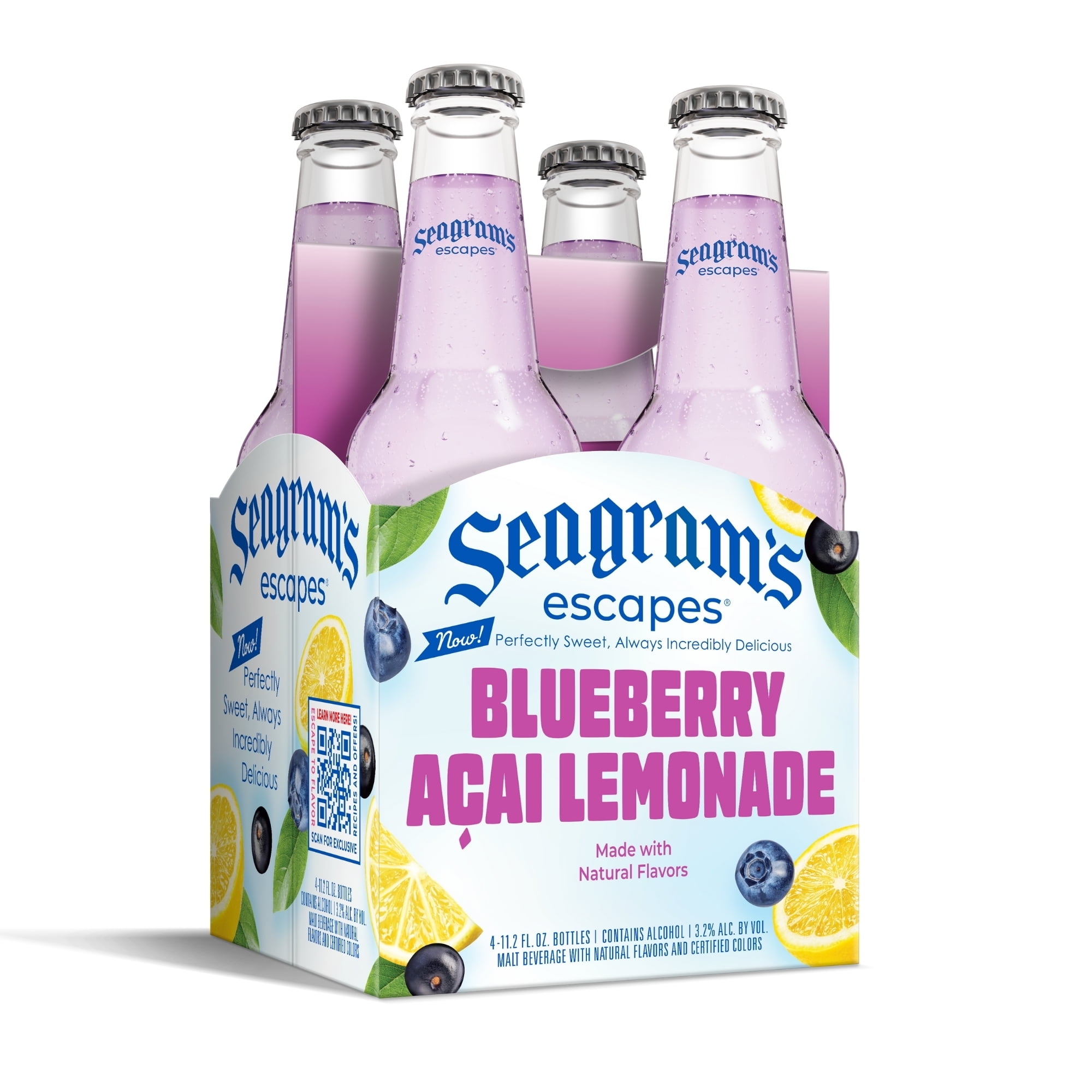 Seagram's Escapes Blueberry Acai Lemonade, Flavored Malt Beverage, 4 Pack, 11.2 fl oz Bottles ...