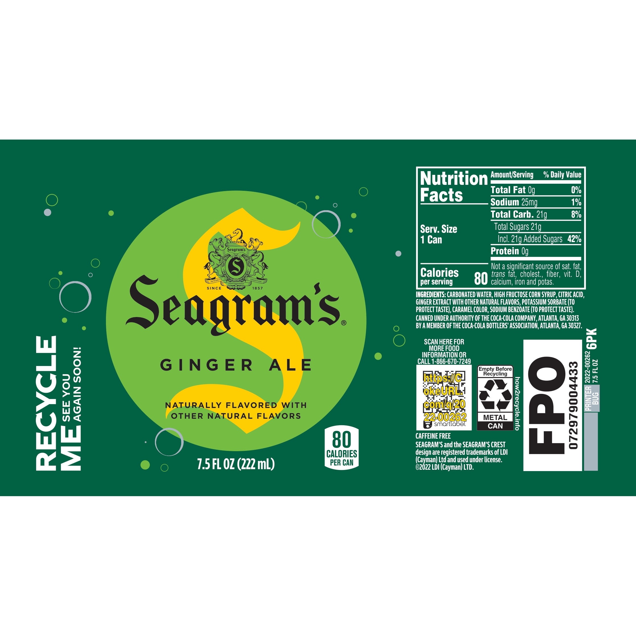 Seagrams Ginger Ale Mini Soda Pop Soft Drink, 7.5 fl oz, 6 Pack Cans ...