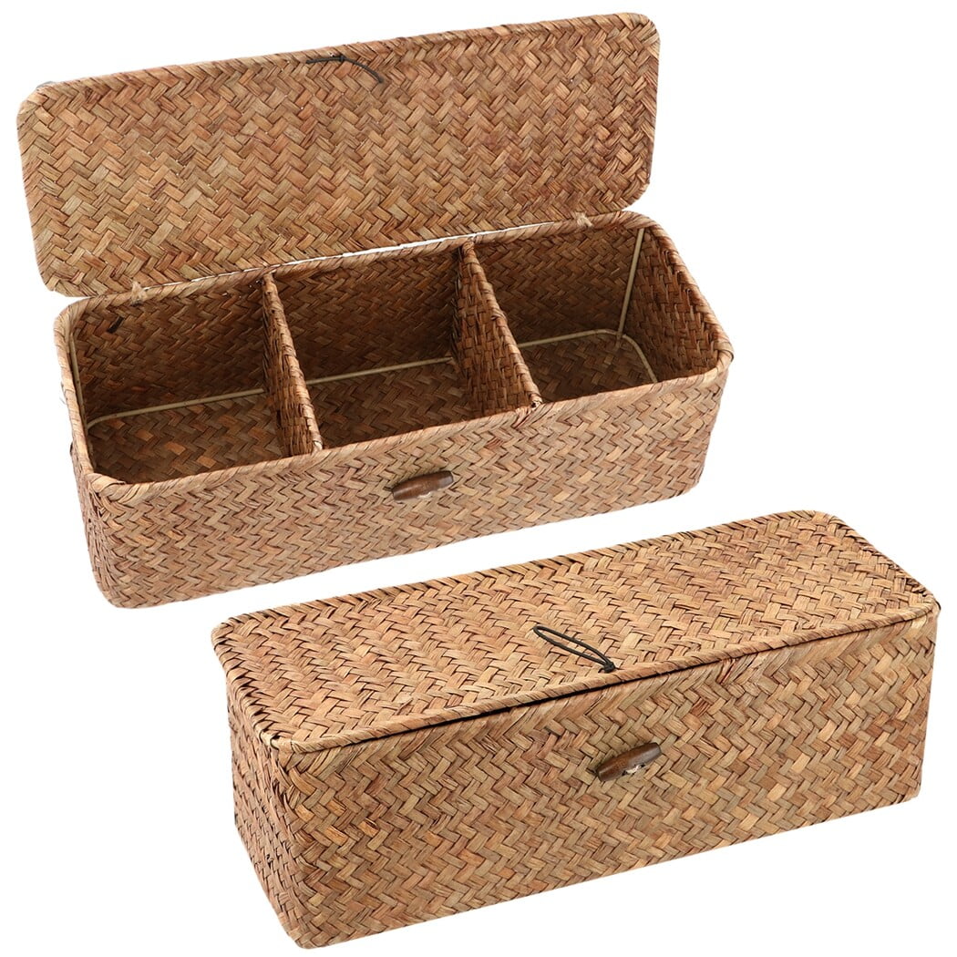 Seagrass Baskets with Lid, Woven Wicker Baskets, Rustic Home Storage ...
