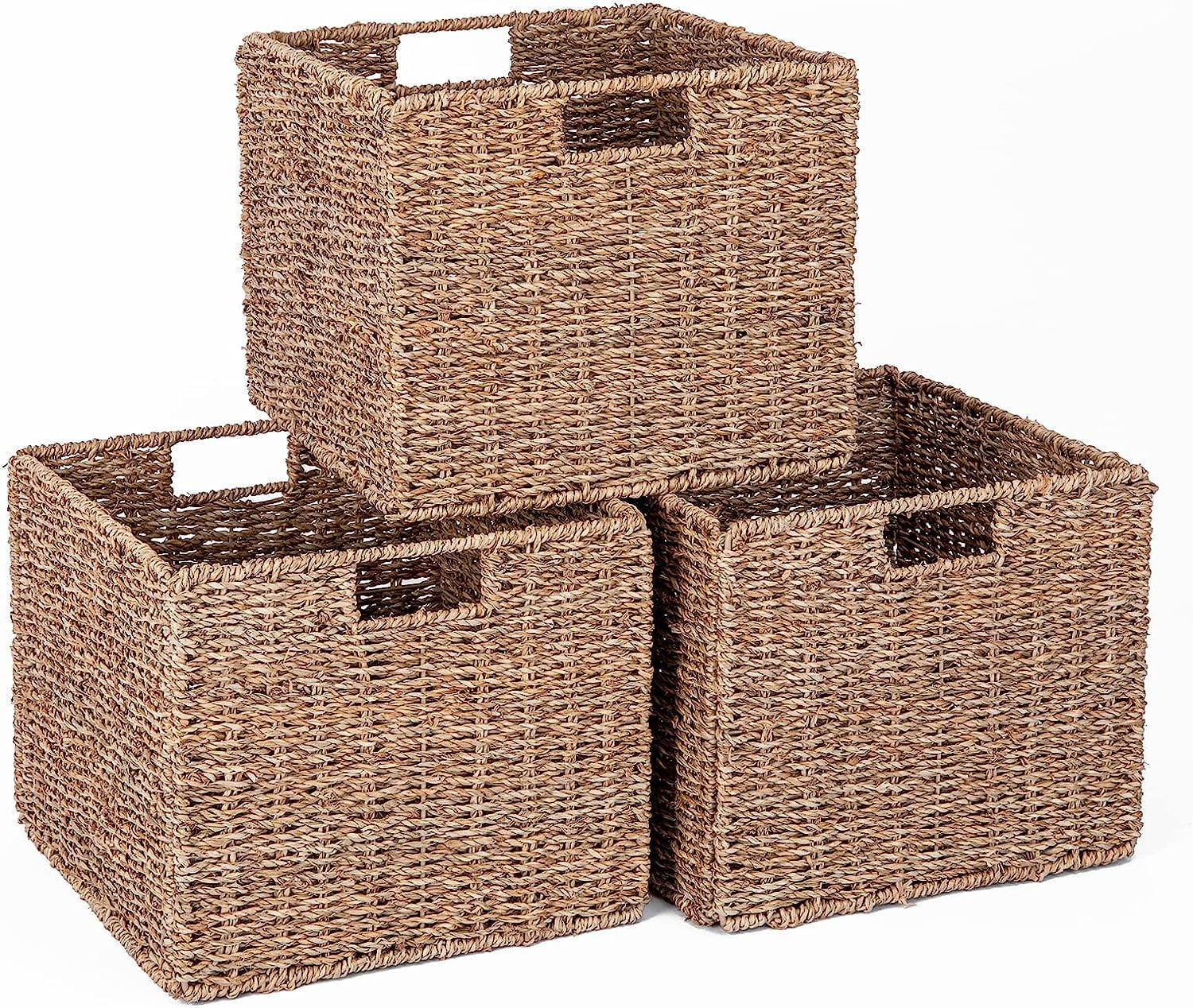 Seagrass Storage Baskets, 12X12X10in Cube Wicker Storage Basket for ...