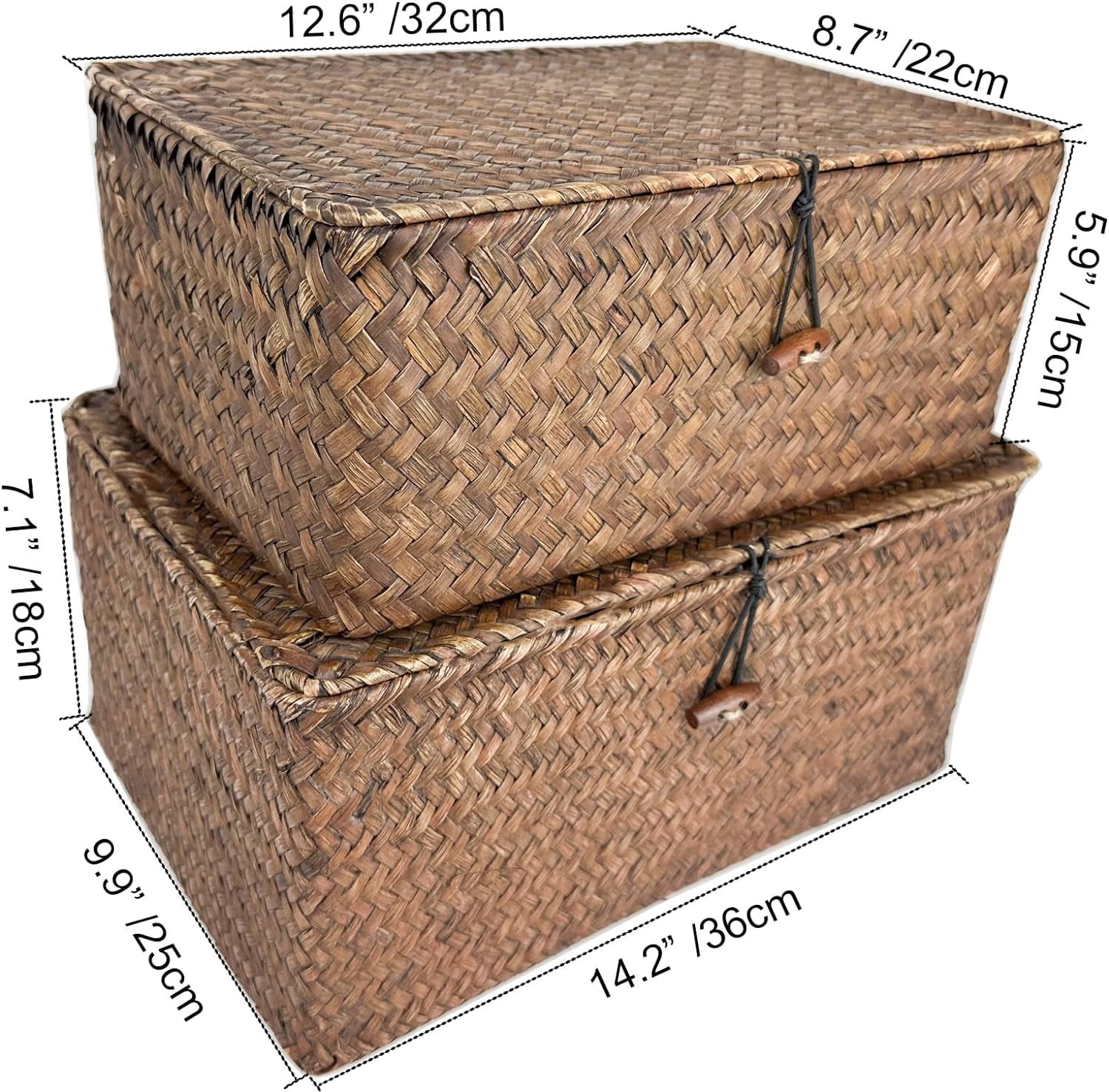 Seagrass Storage Baskets Bin with Lid, Set of 2 Handwoven Rectangular ...