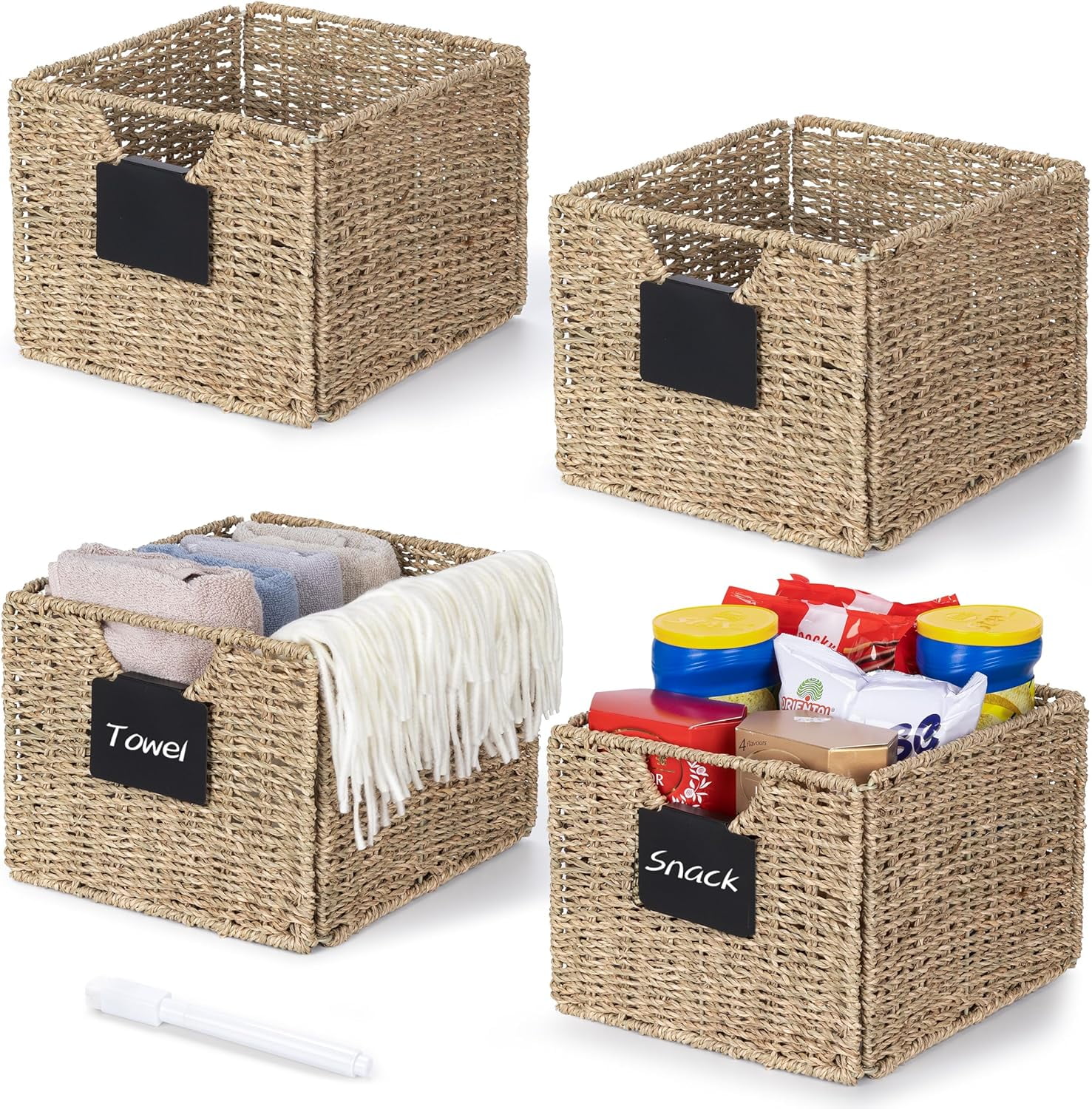 Seagrass Storage Baskets with Labels, 10.5 x 9 x 7.5in Wicker Storage ...