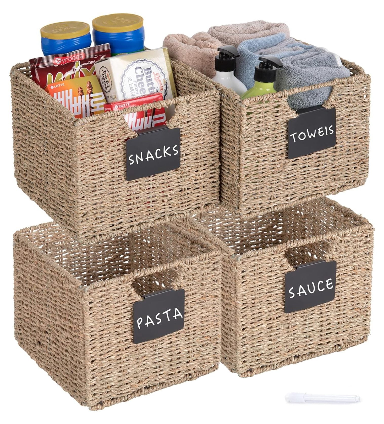 Seagrass Storage Baskets with Labels, 10.5x9x7.5in Rectangular Pantry ...