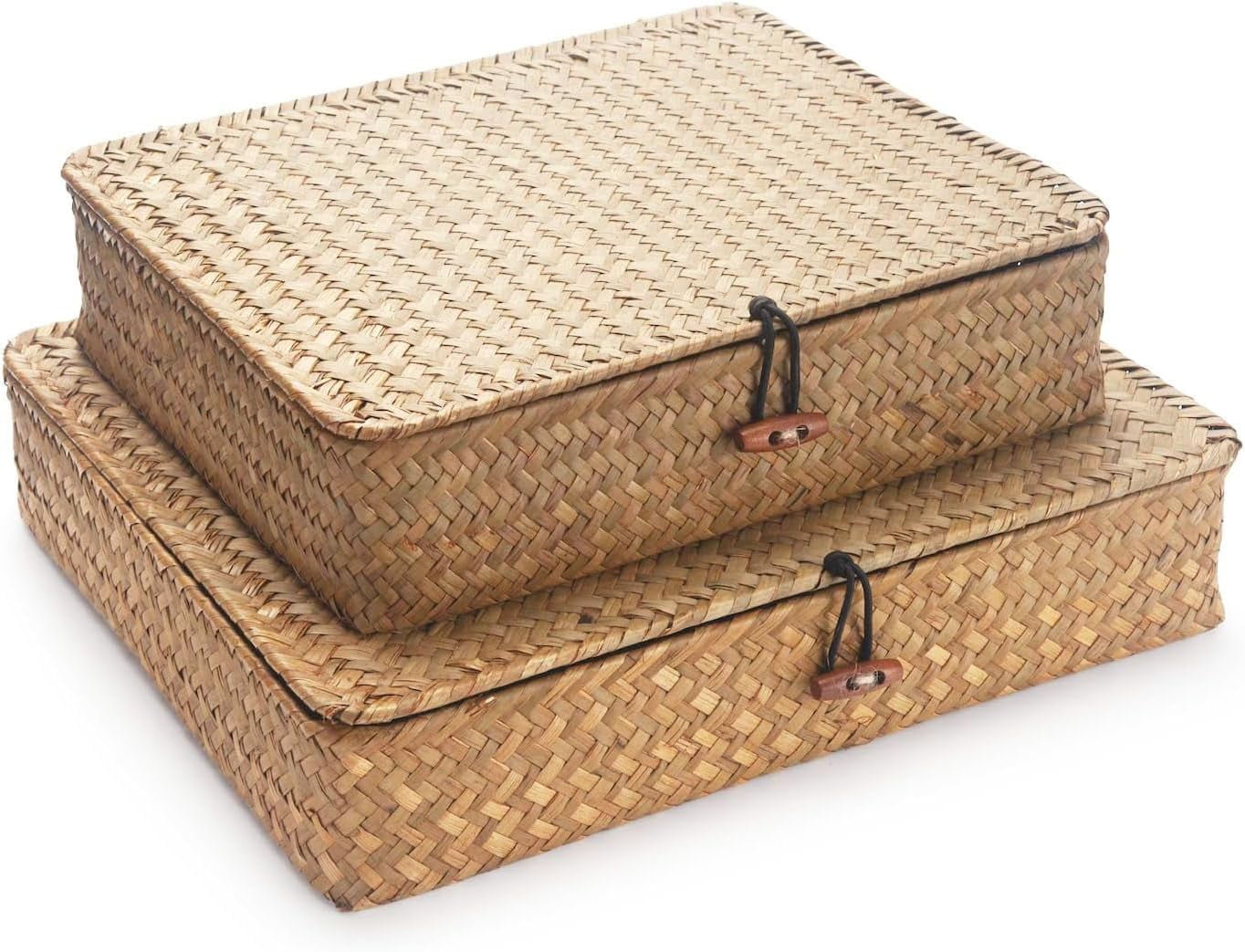 Seagrass Storage Baskets with Lid, Flat Wicker Basket, Shallow Woven ...